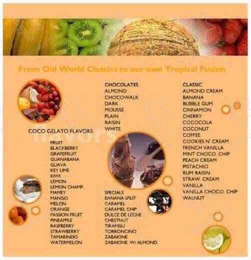 Menu at Coco Gelato fast food, Miami, 401 Biscayne Blvd # S251