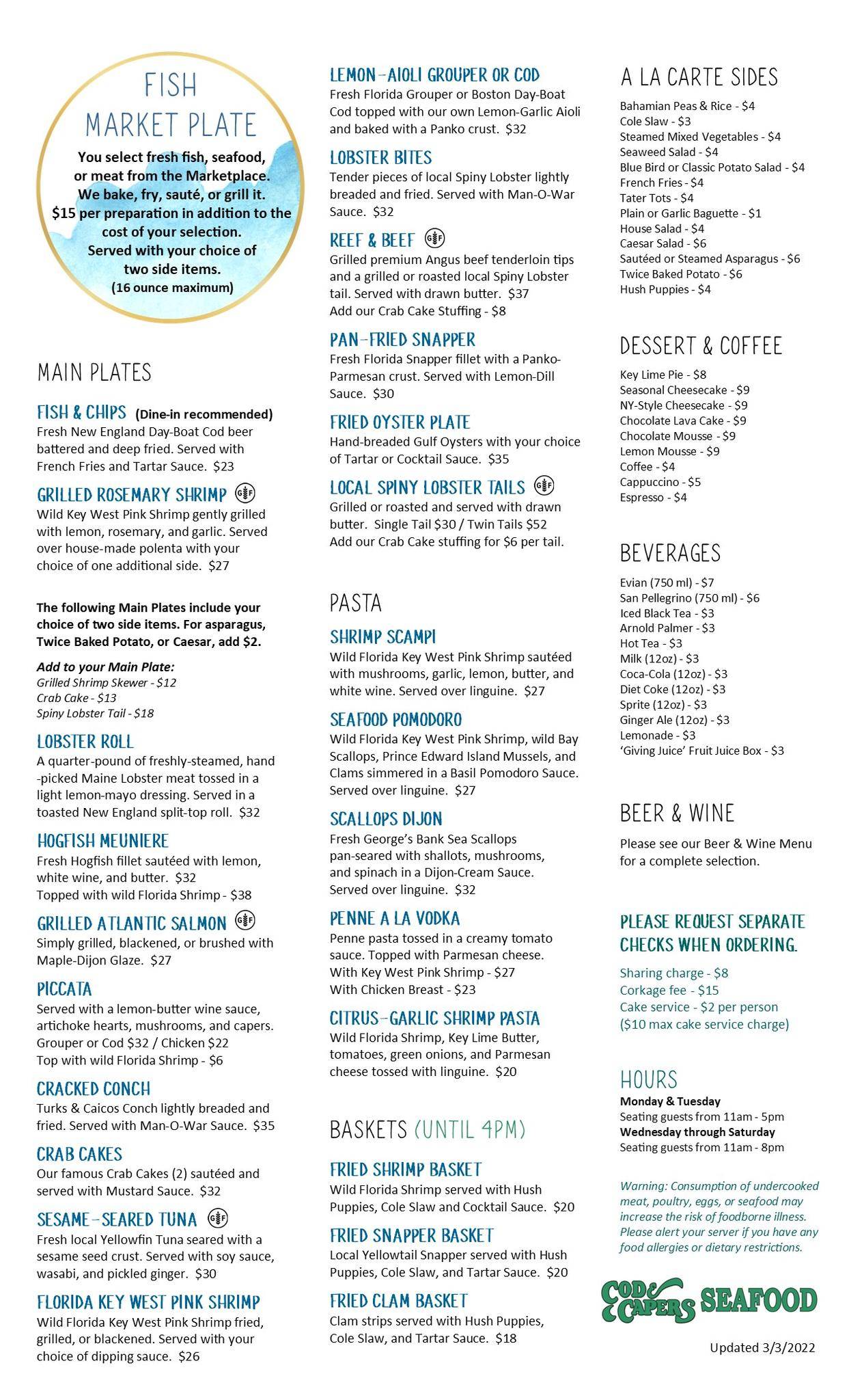 Menu at Cod & Capers Seafood Marketplace and Café restaurant, North ...