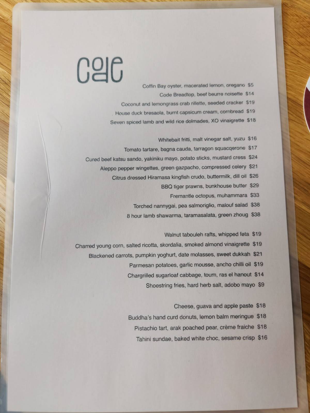Menu at Code Cairns restaurant, Holloways Beach