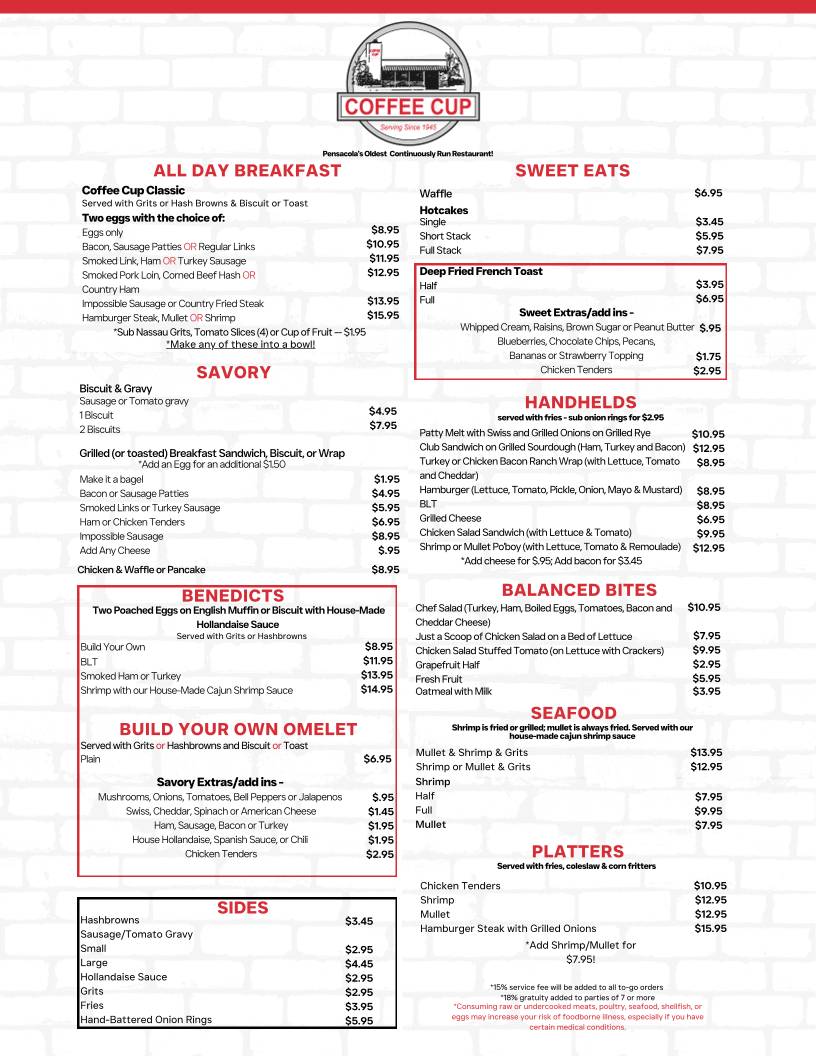 Menu at Coffee Cup Restaurant, Pensacola