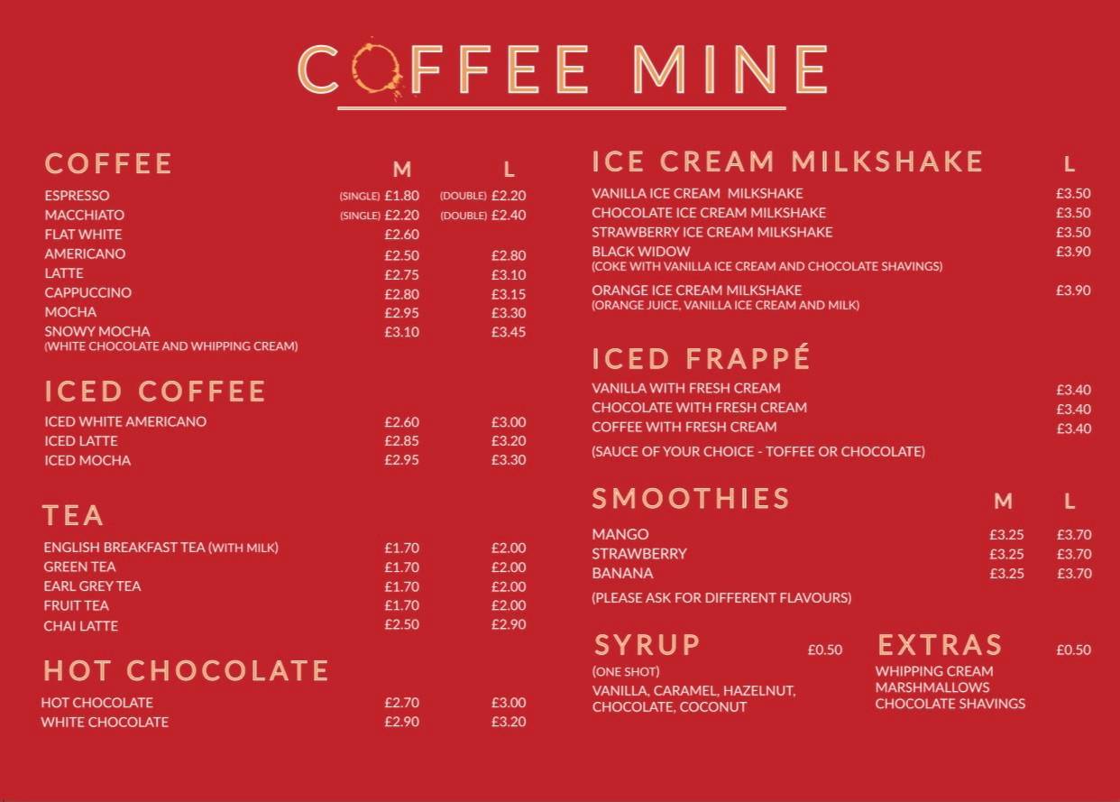 Menu at Coffee Mine, Bristol