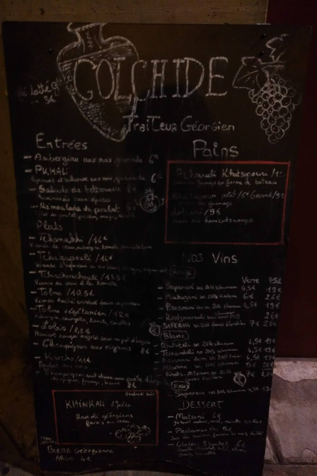 Menu at Colchide restaurant, Paris, 97 Rue des Poissonniers