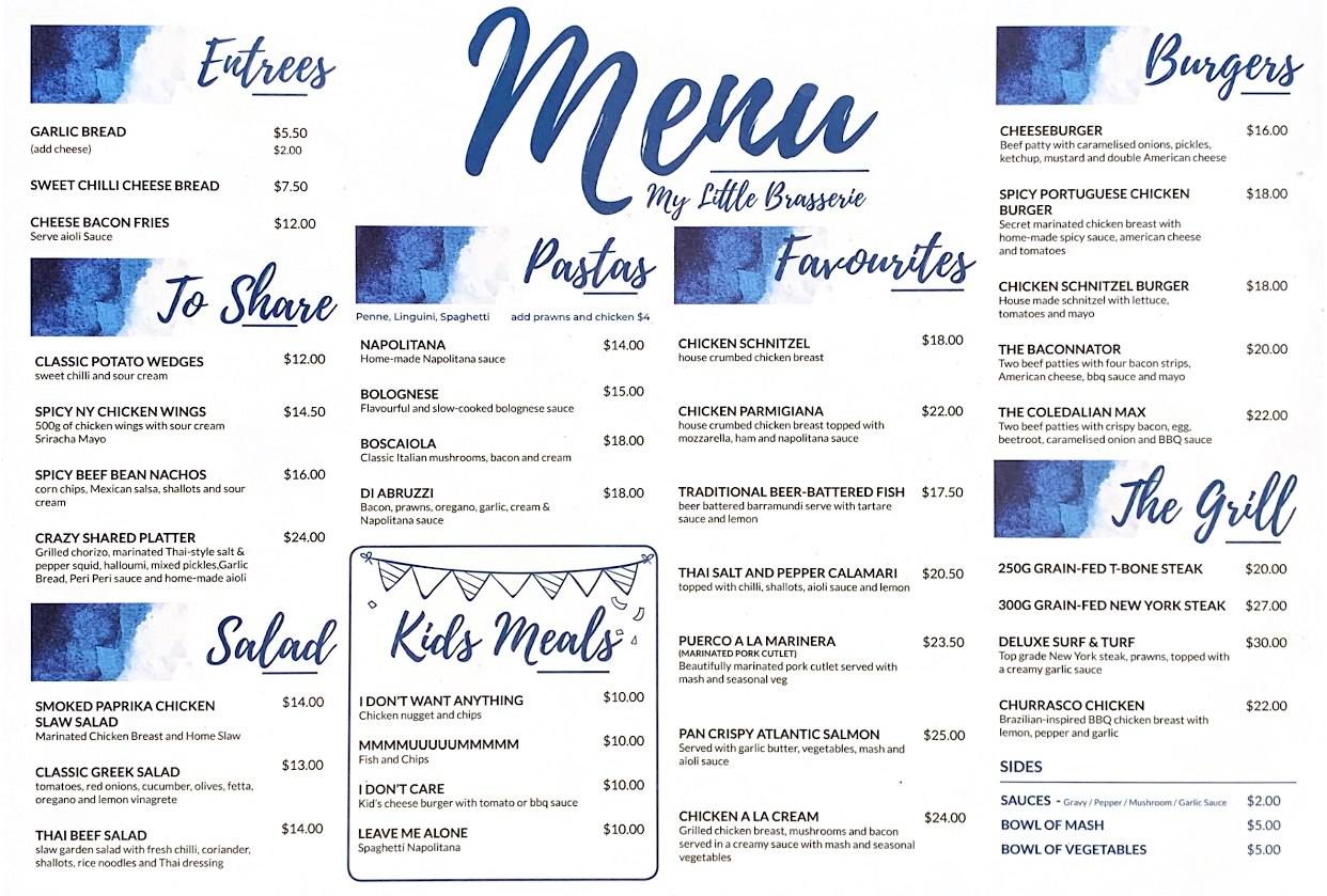 Menu at My Little Brasserie restaurant, Coledale