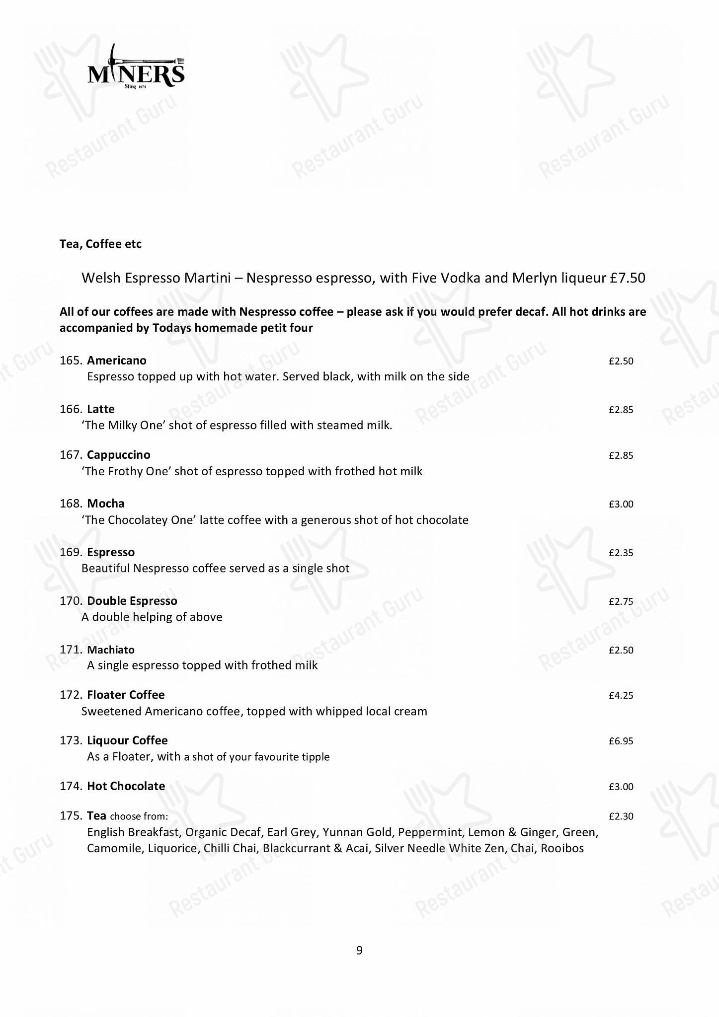Menu at Miners country inn sling pub & bar, Coleford, Chepstow Road