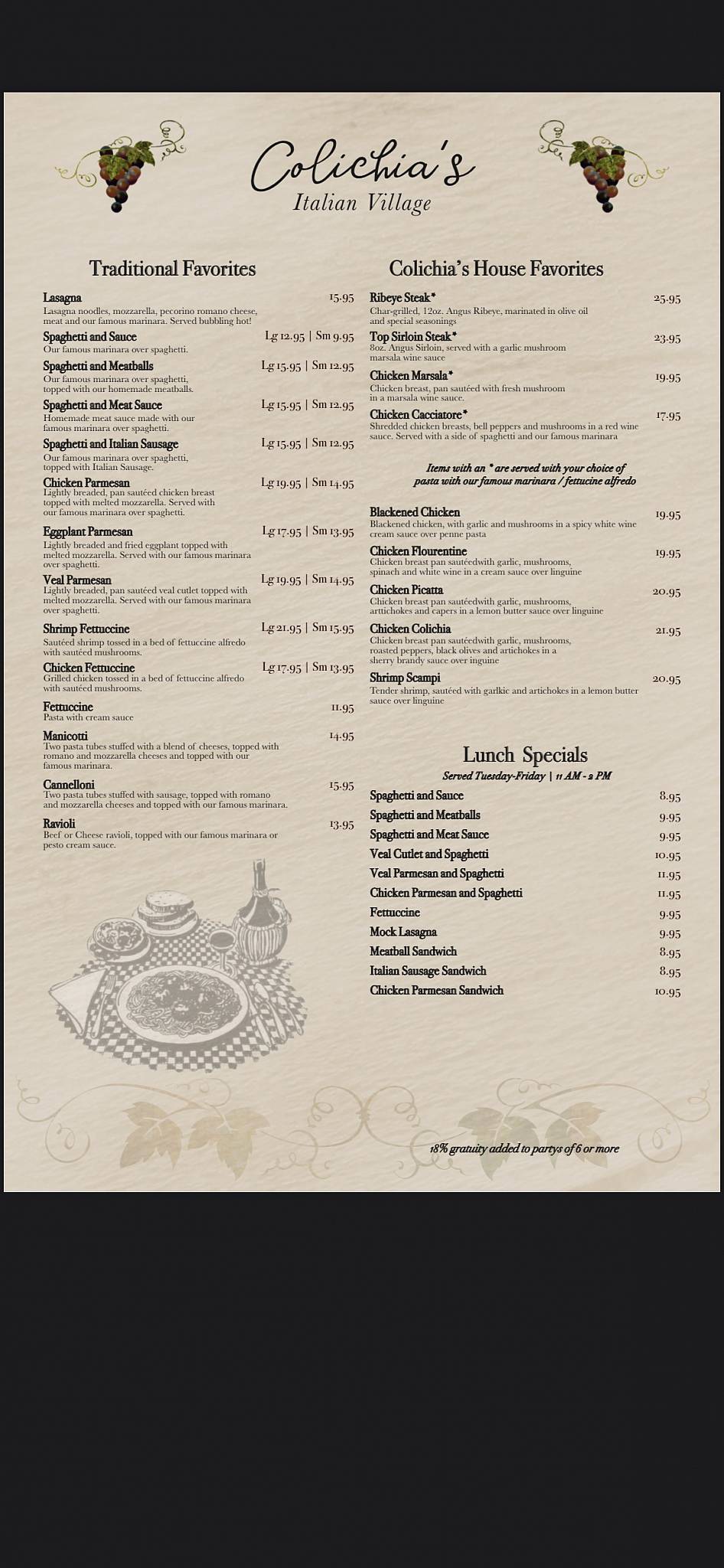 Menu at Colichia's Italian Village restaurant, Groves