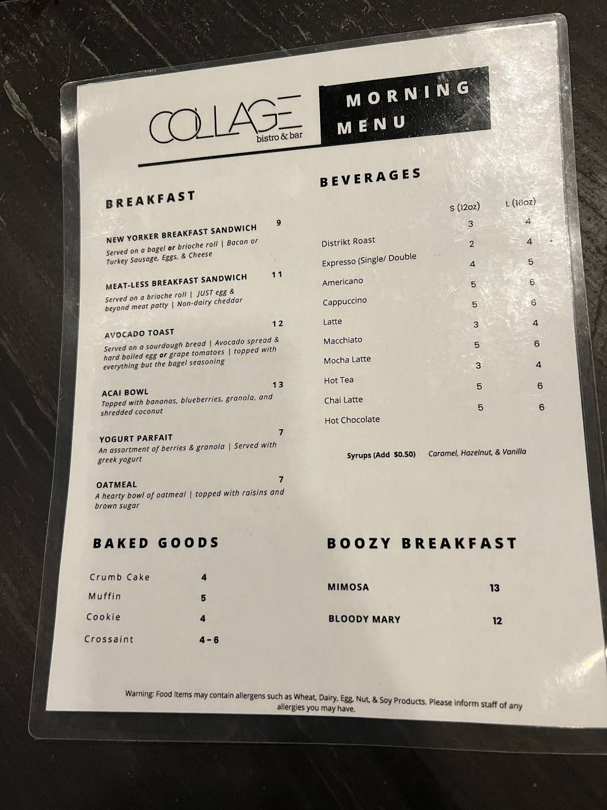 Menu at Collage Bistro and Bar, West New York