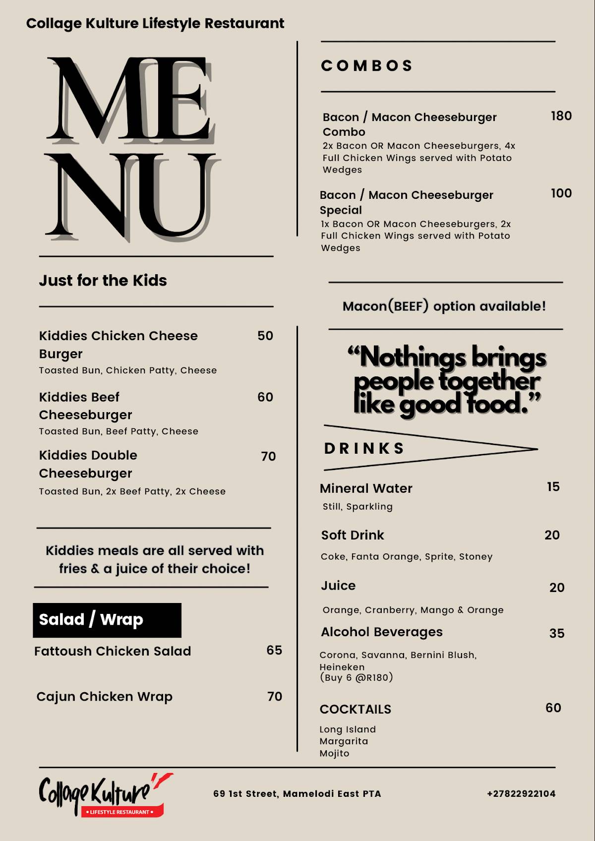 Menu at Collage kulture restaurant, Pretoria, 71 1st St