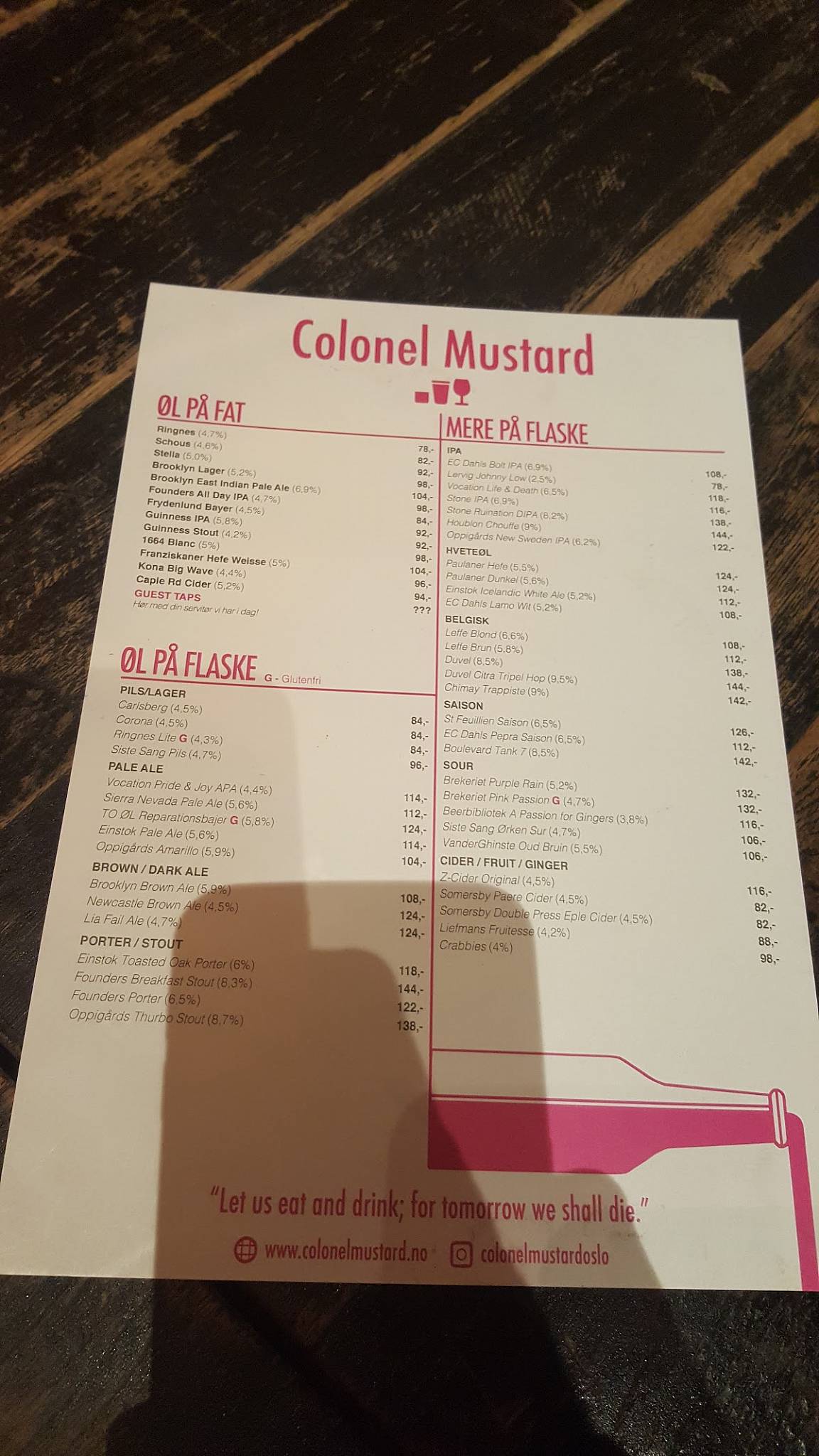 Menu at Colonel Mustard pub & bar, Oslo