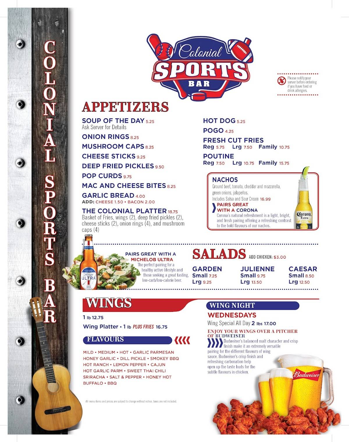 Menu at Colonial Sports Bar, Sudbury