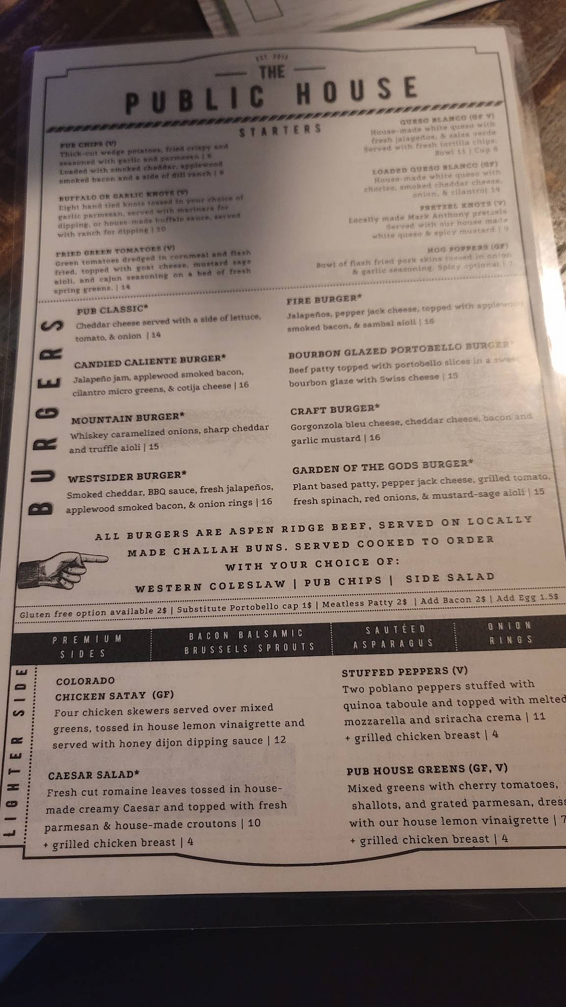 Menu at The Public House, Colorado Springs