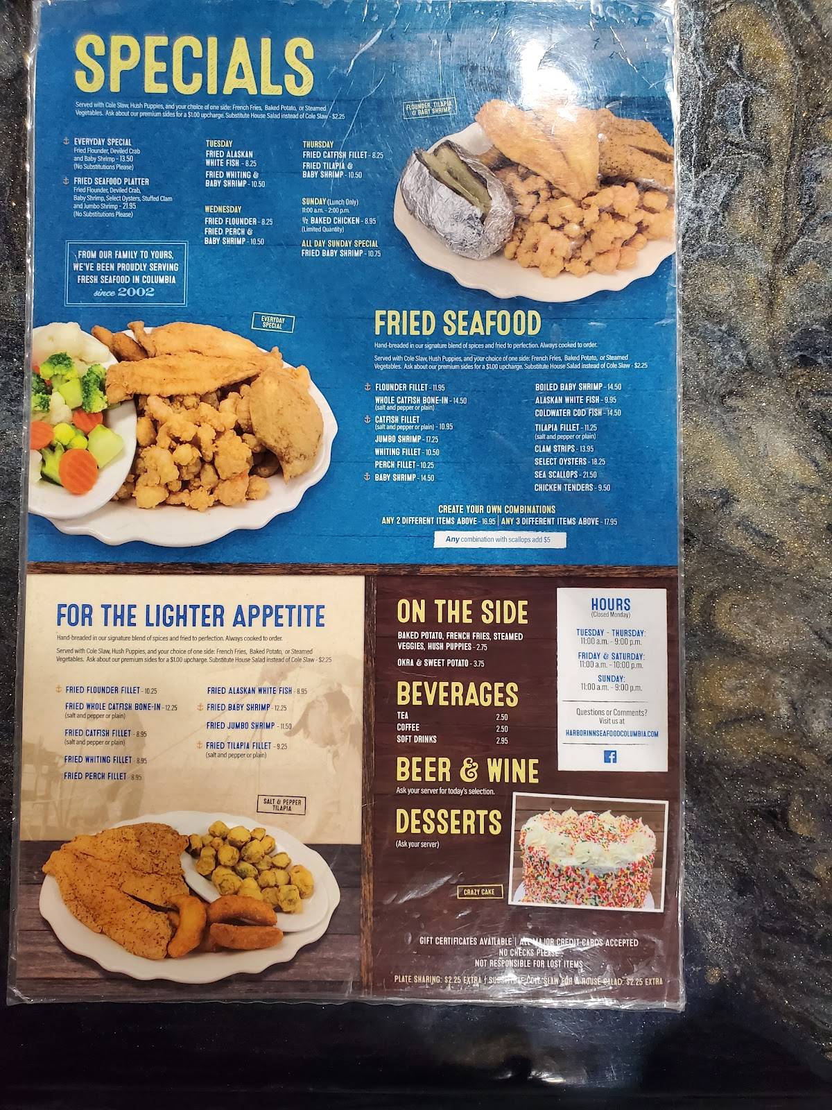 Menu at Harbor Inn Seafood Restaurant, Columbia, Two Notch Rd