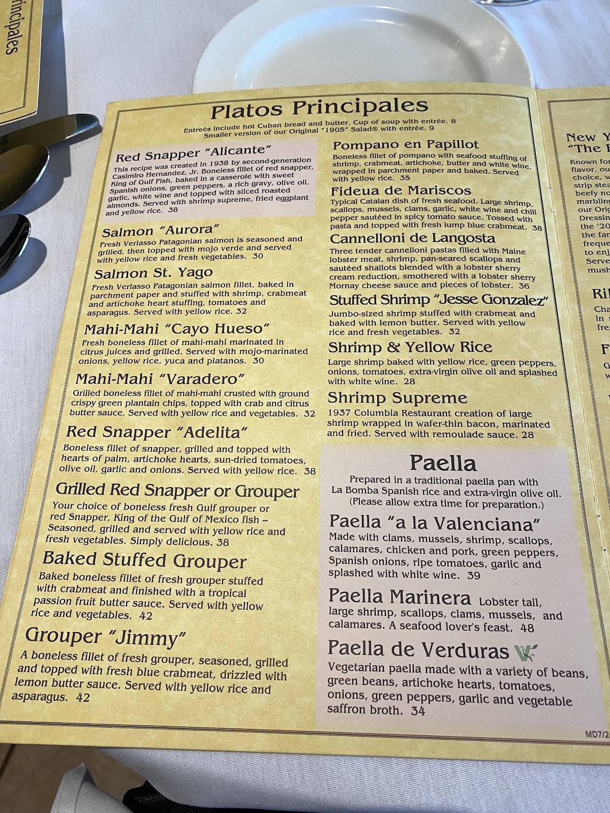 Menu at Columbia Restaurant, Sarasota