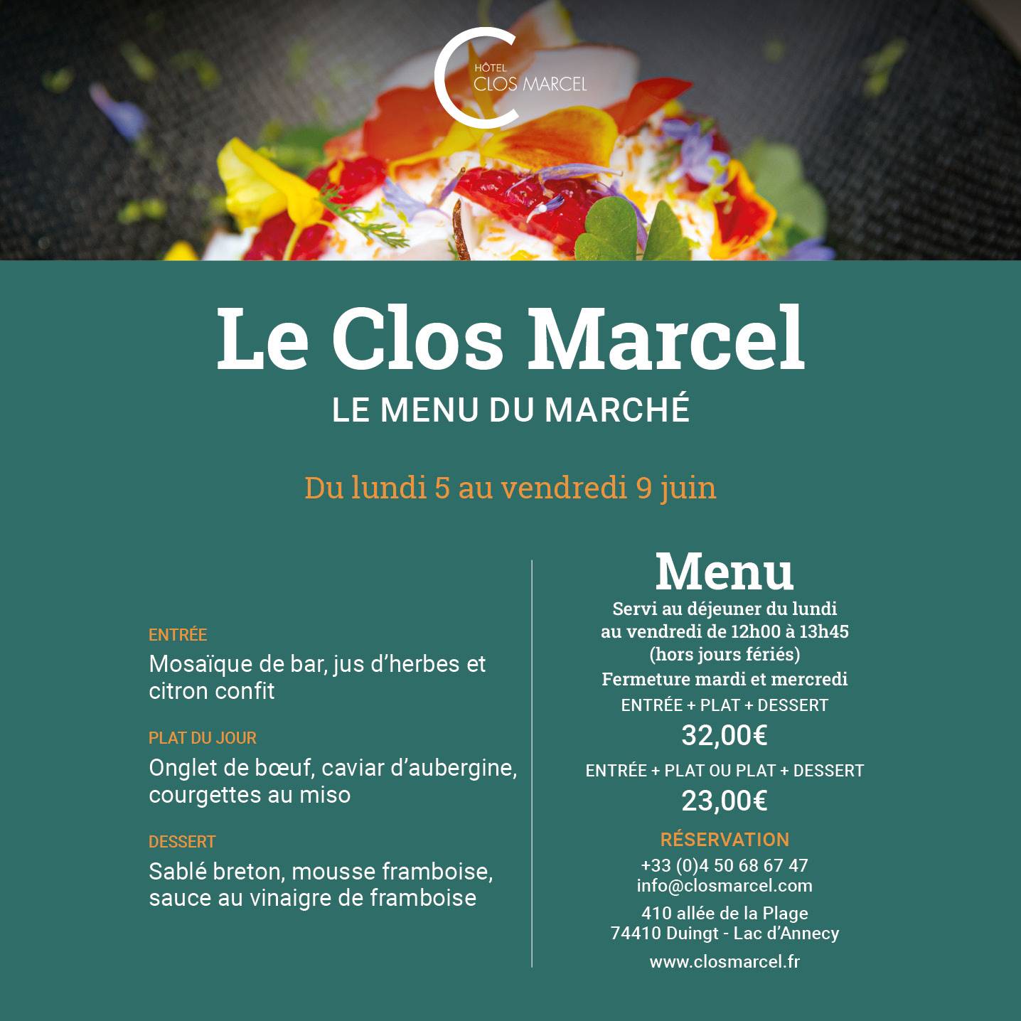 Menu au Hôtel Clos Marcel restaurant, Duingt