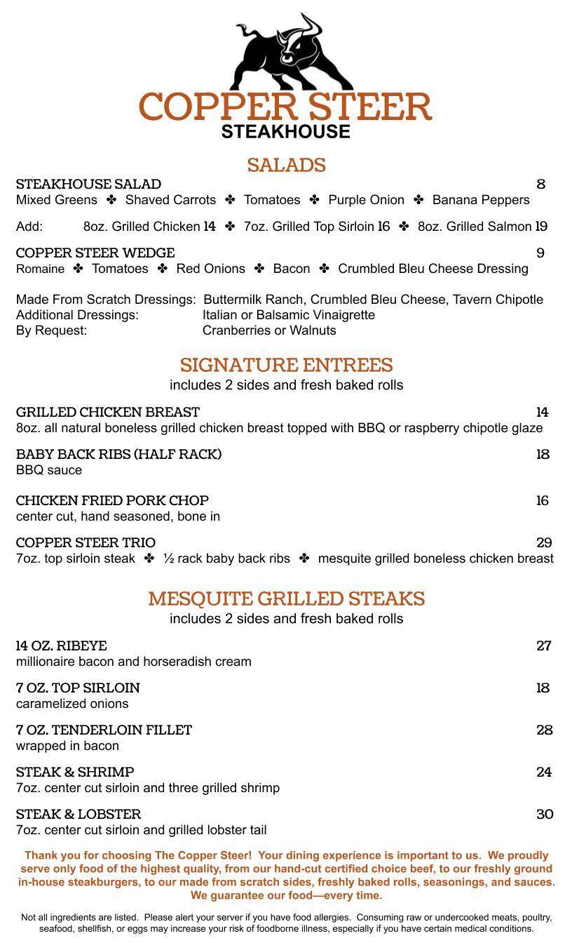 Carta de Copper Steer Steakhouse and Sports Bar, Safford