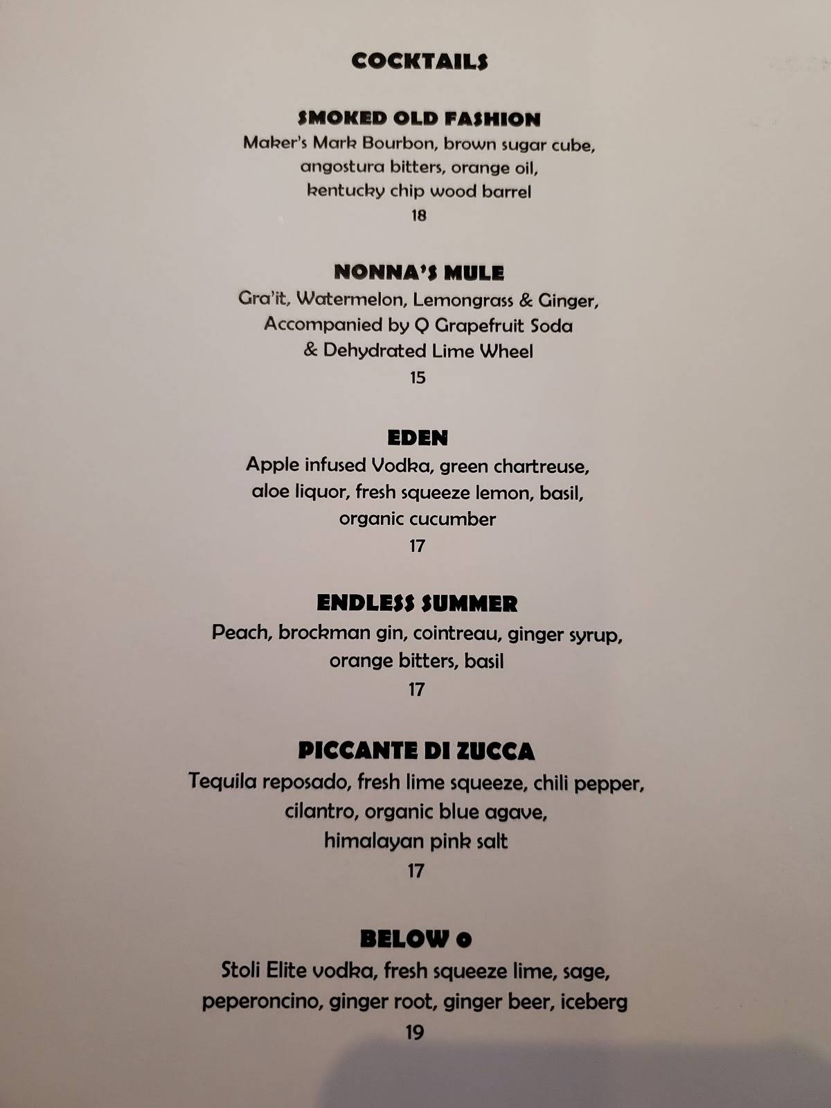 Menu at Zucca restaurant, Coral Gables