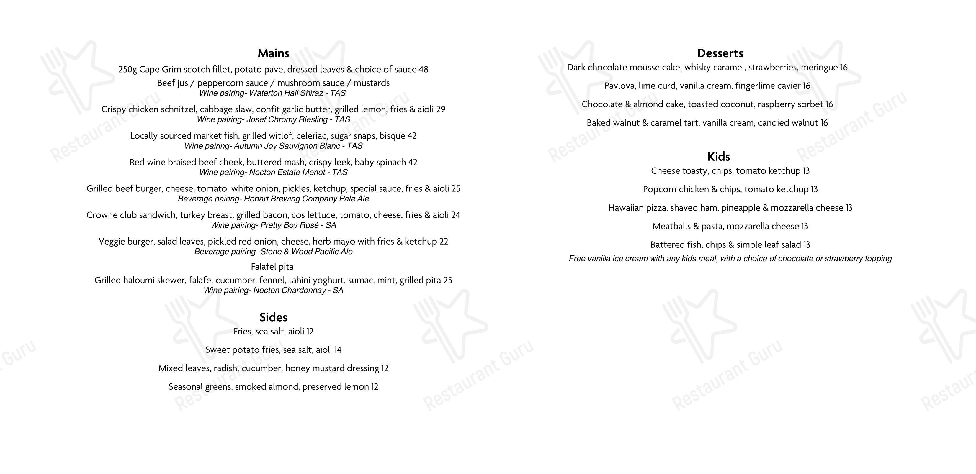 Menu at Core Restaurant & Bar, Hobart