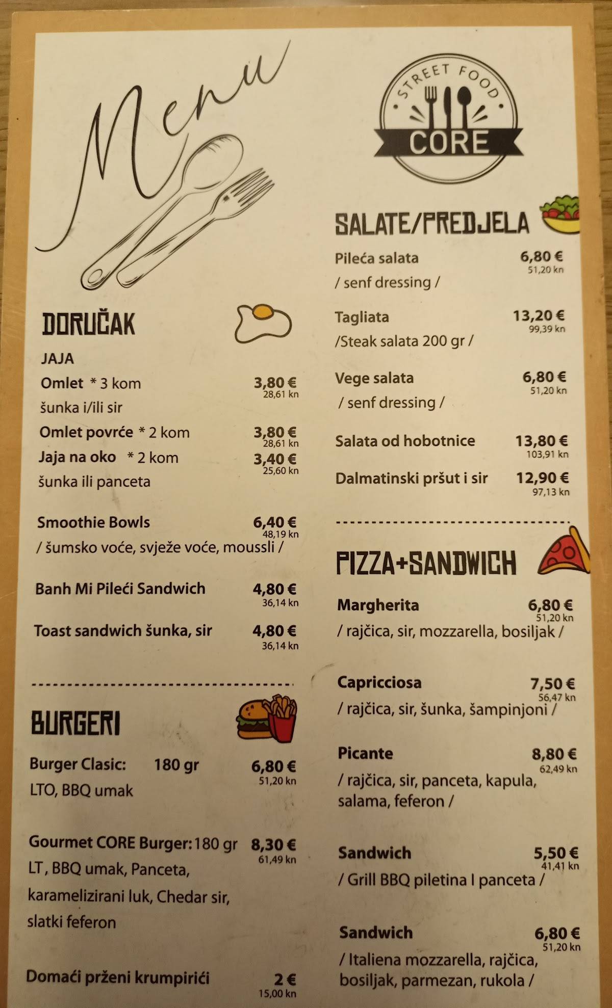 Menu at Core :: Street Food restaurant, Sinj