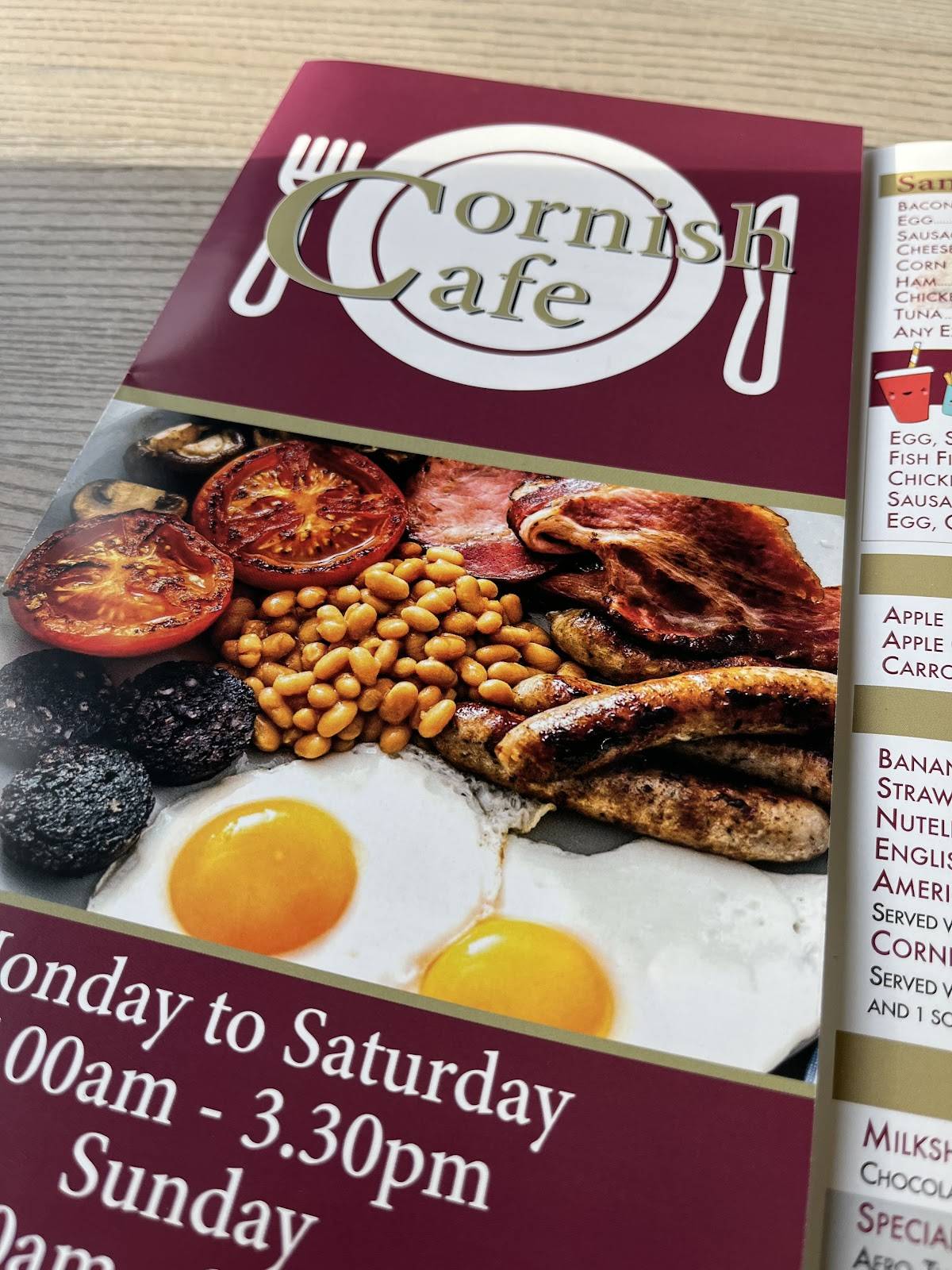 Menu at Cornish Cafe, Harlow