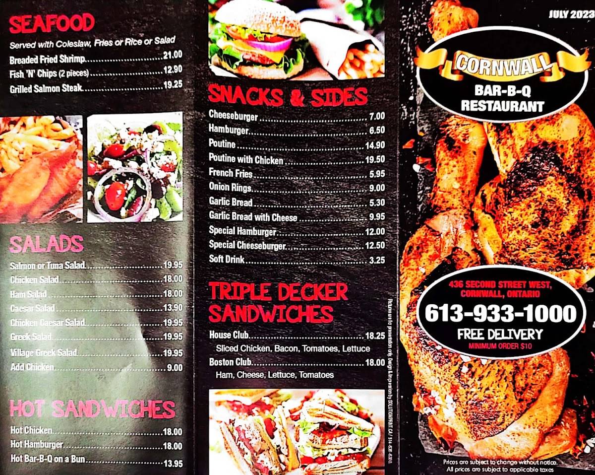 Menu at Cornwall Bar B Q Restaurant, Cornwall