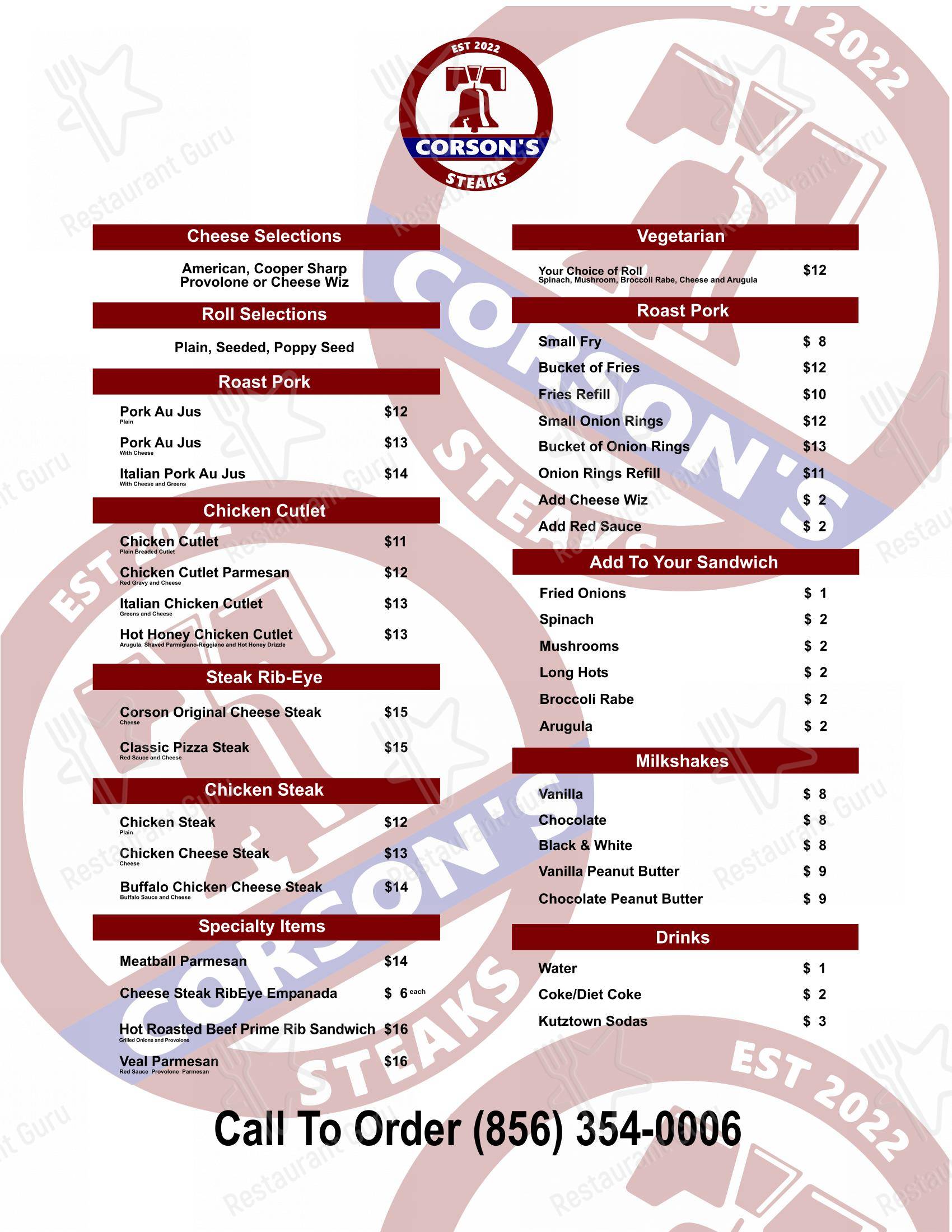 Menu at Corson's Steaks steakhouse, Haddonfield