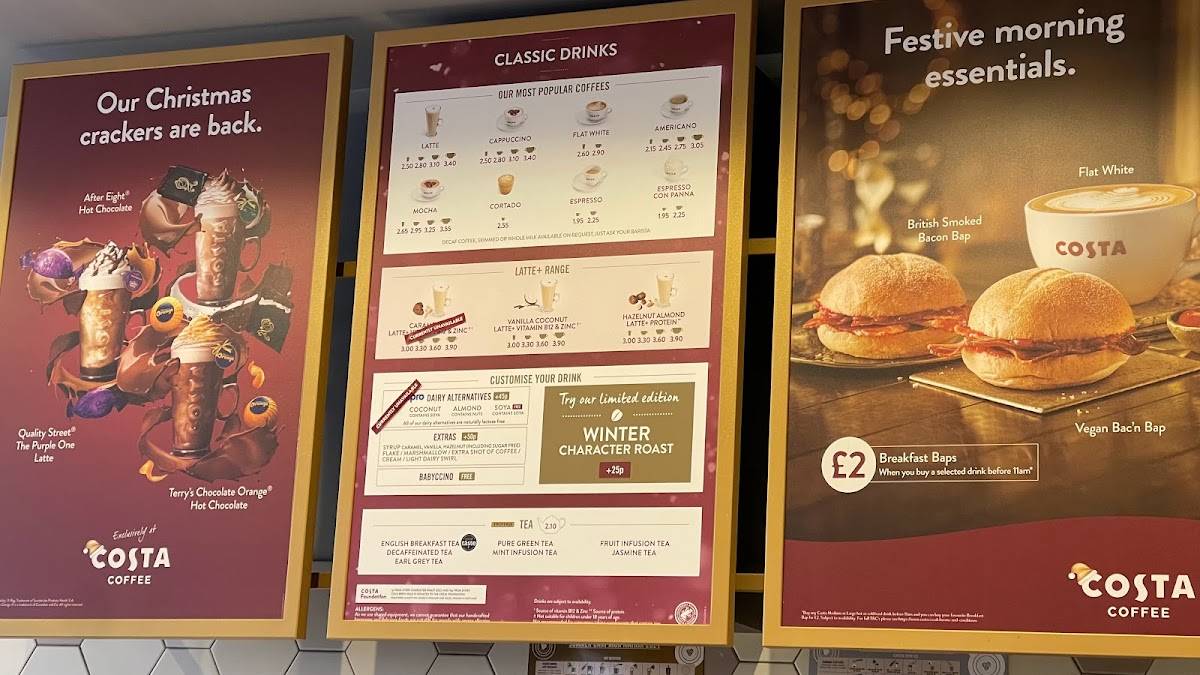 Carta de Costa Coffee, Fleet, 156 Fleet Rd