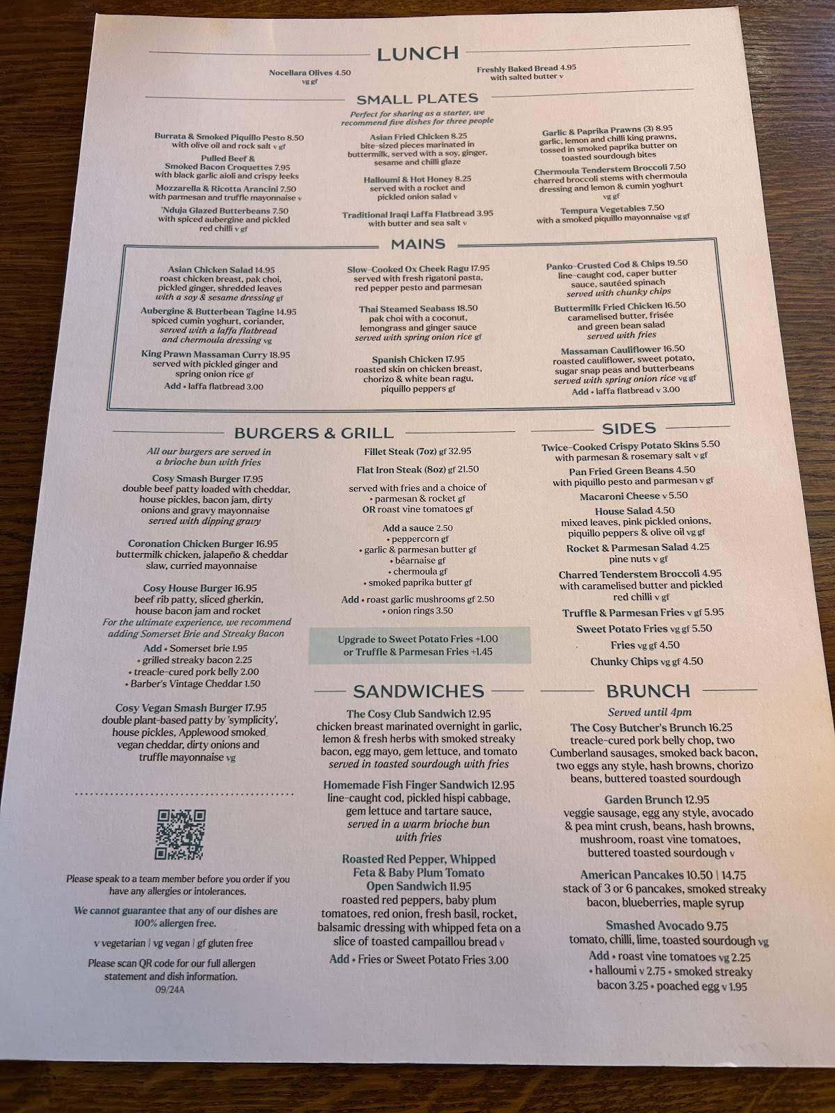 Menu at Cosy Club, Norwich