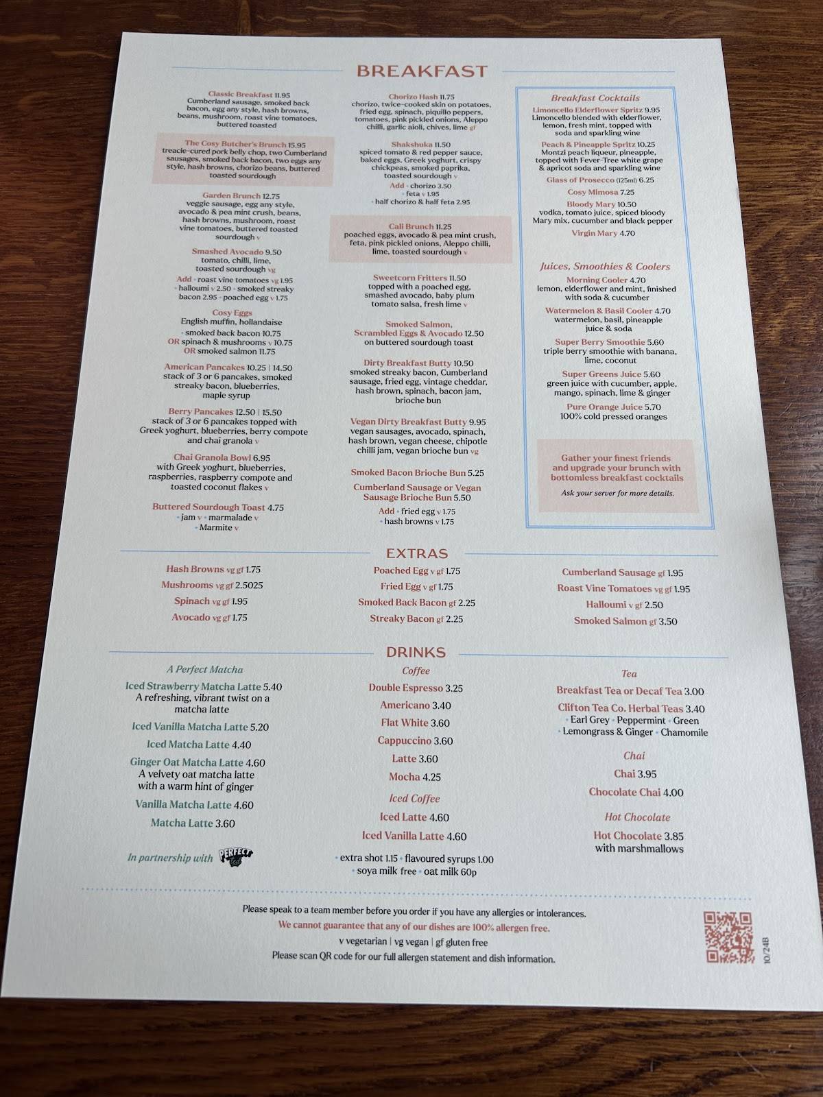 Menu at Cosy Club, Hereford