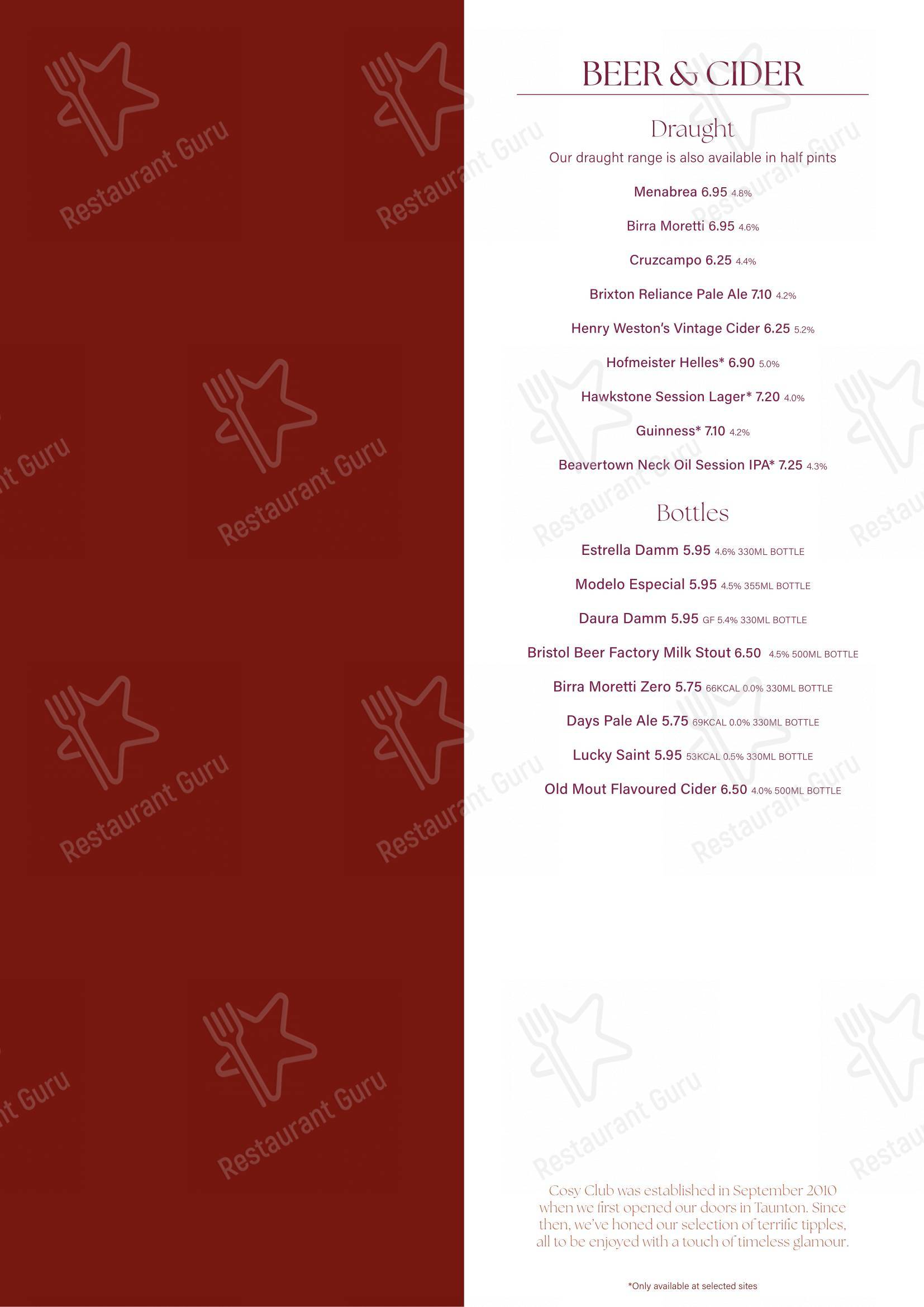Menu at Cosy Club, Norwich