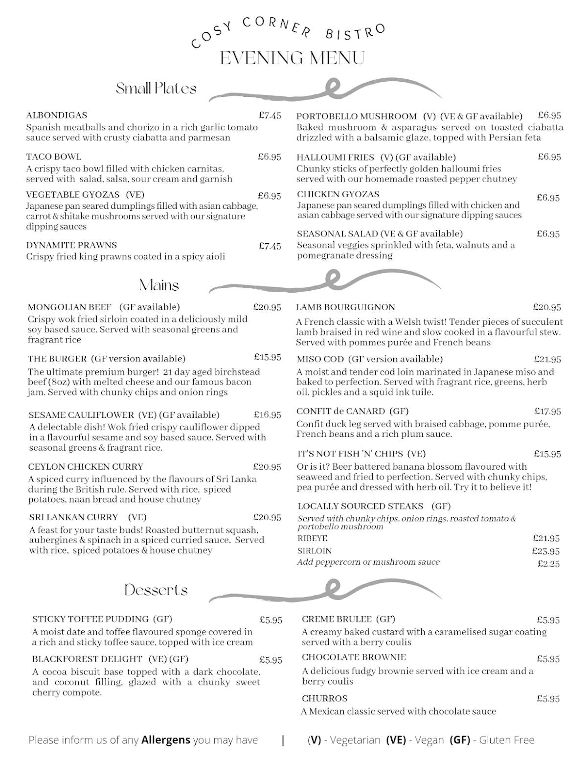 Menu at Cosy Corner Bistro restaurant, Builth Wells, 55 High St