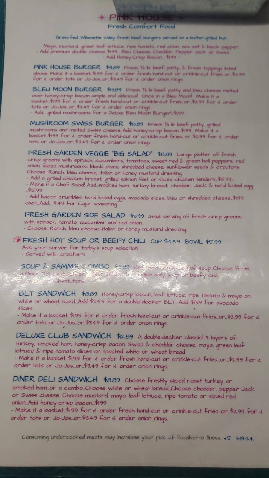 Menu at Pink House restaurant, Cottage Grove