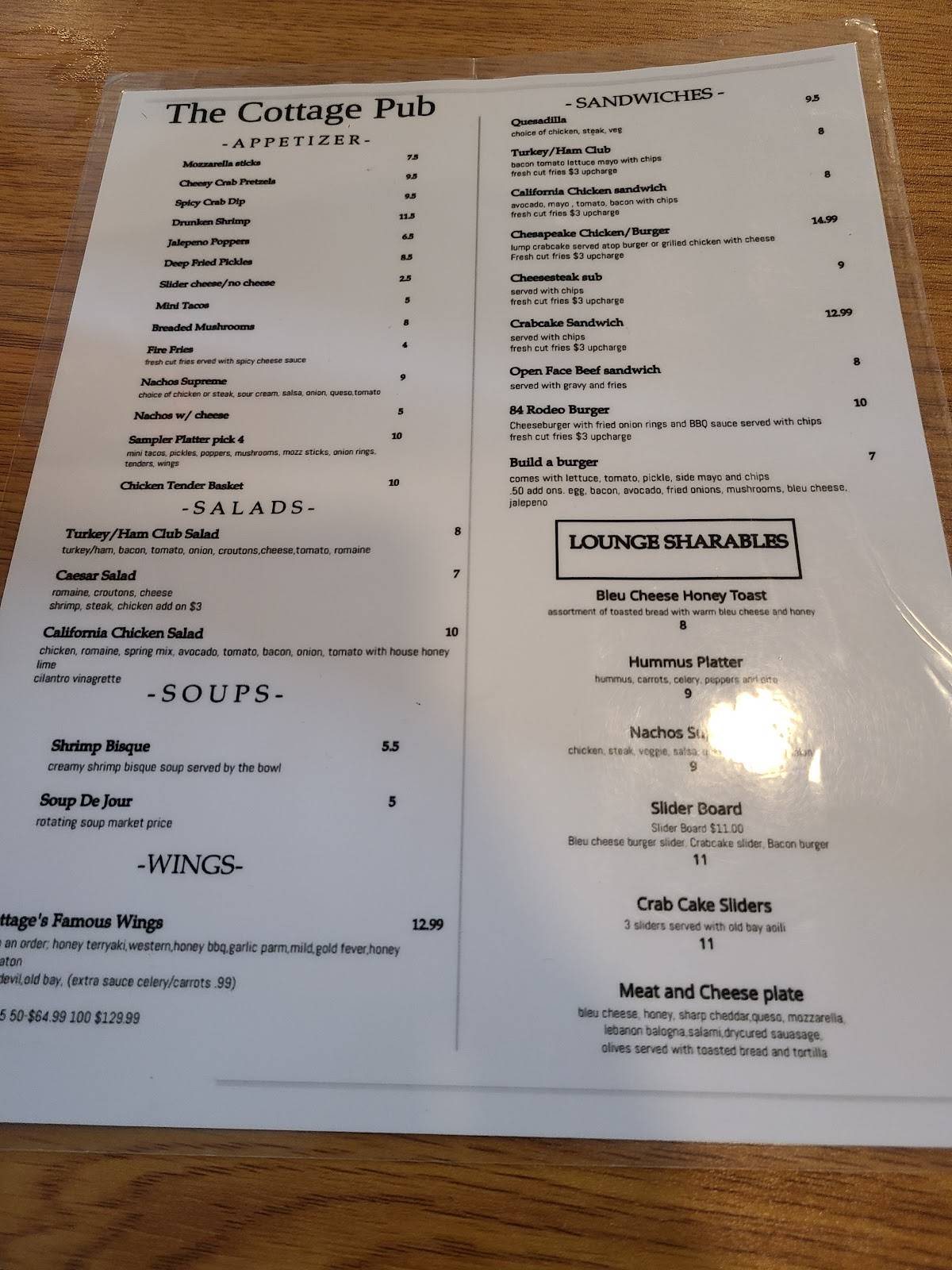 Menu at Cottage Pub & Restaurant, Chambersburg