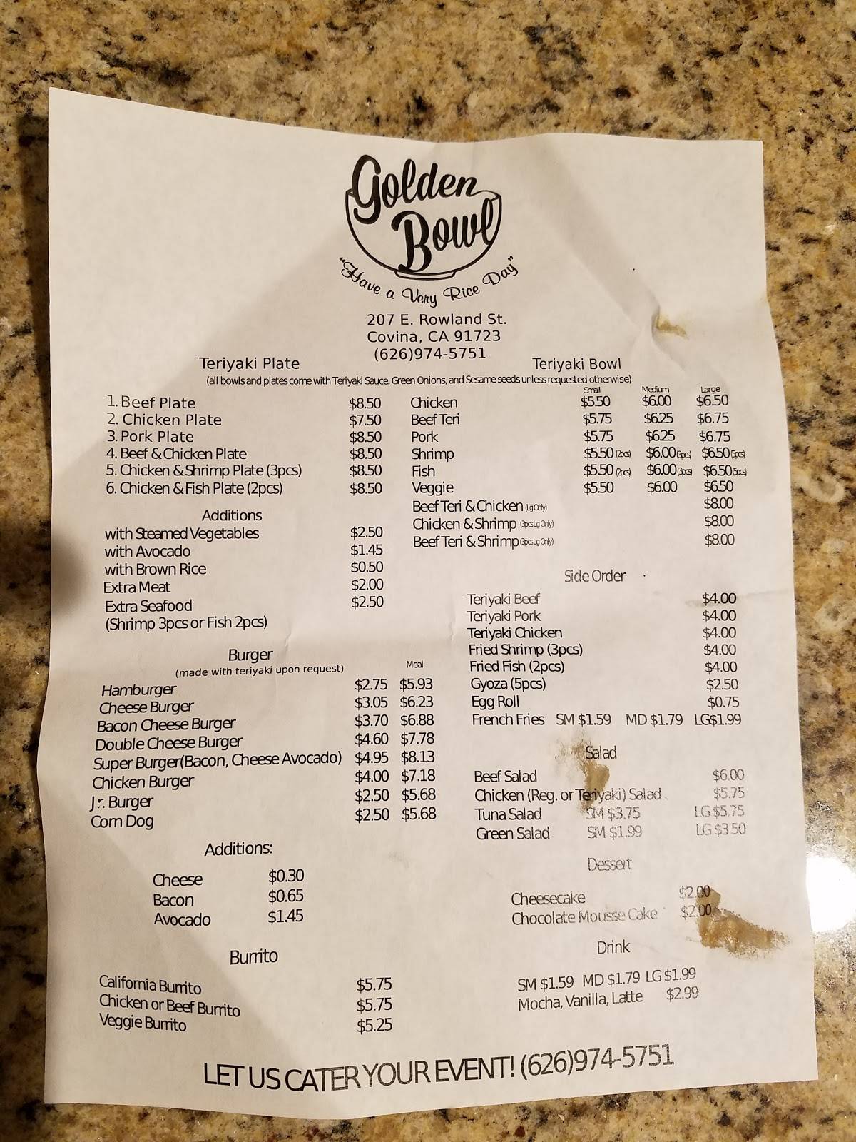 Menu at Golden Bowl restaurant, Covina