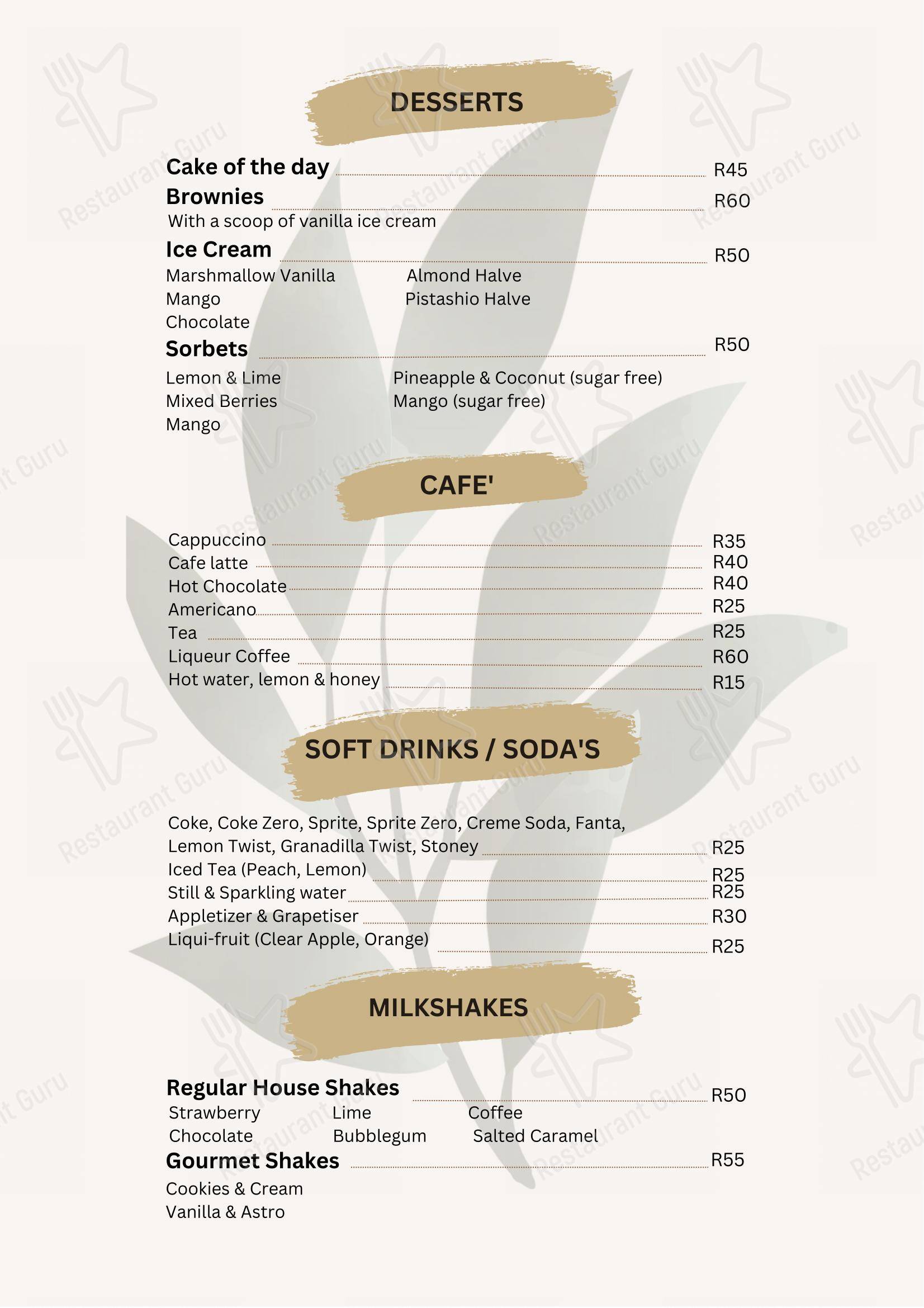 Menu at Cradle Moon Lakeside Game Lodge restaurant, Roodepoort
