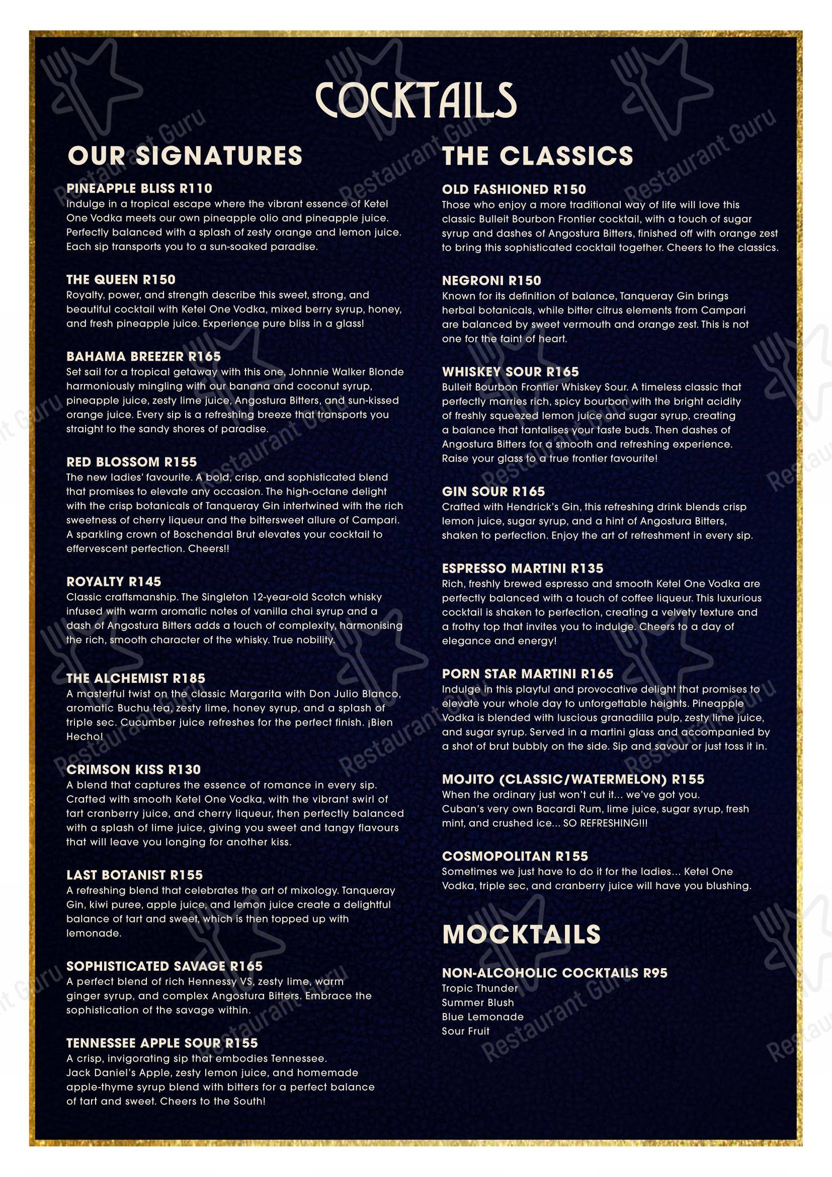 Menu at Crane and Feathers restaurant, Durban