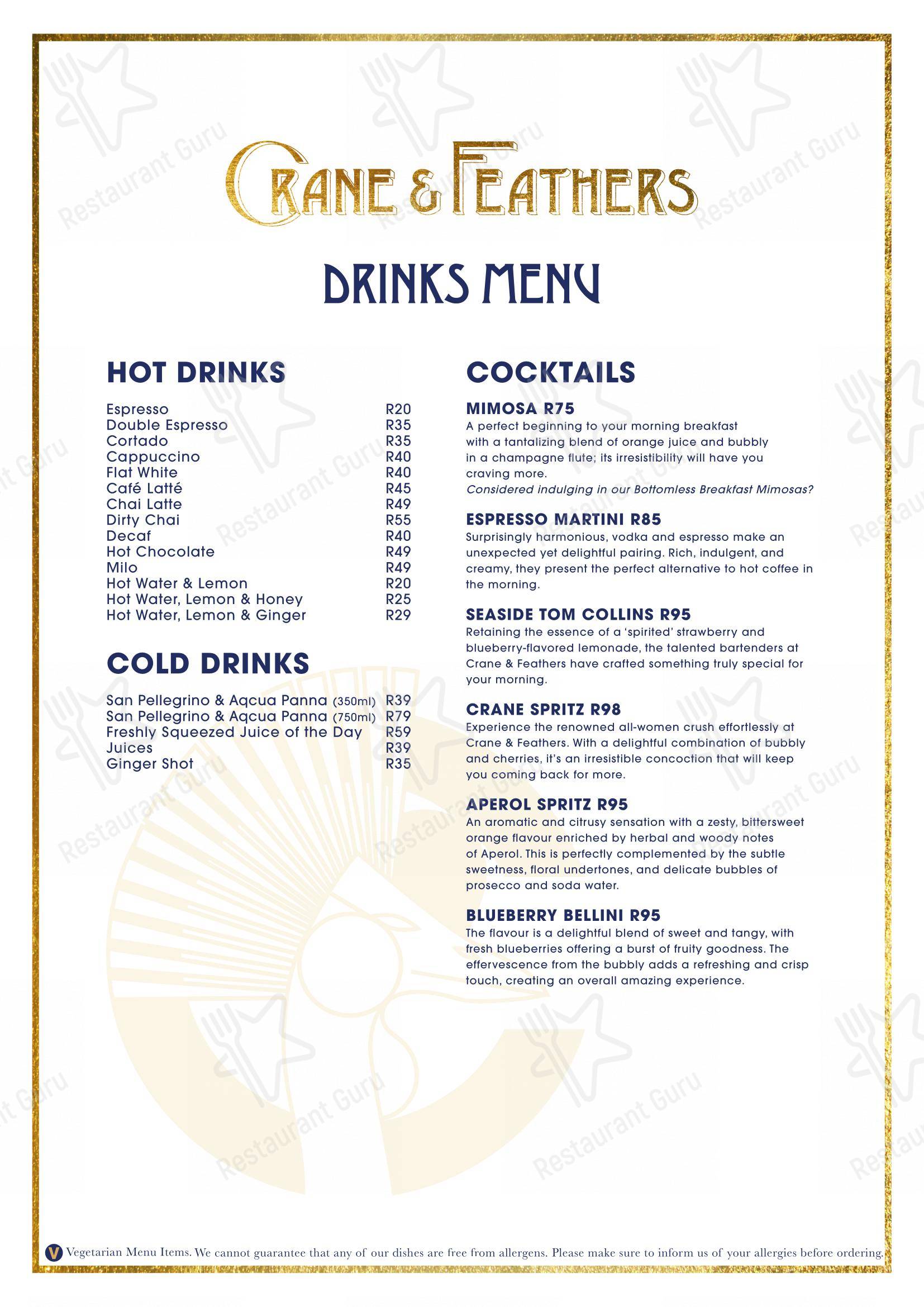 Menu at Crane and Feathers restaurant, Durban