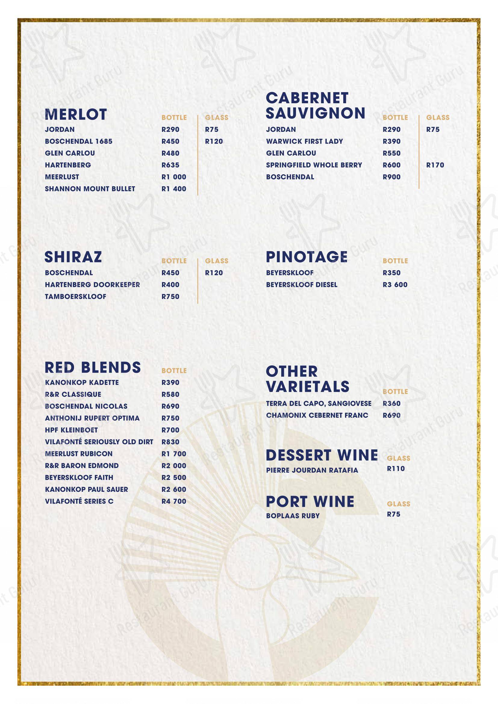 Menu at Crane and Feathers restaurant, Durban