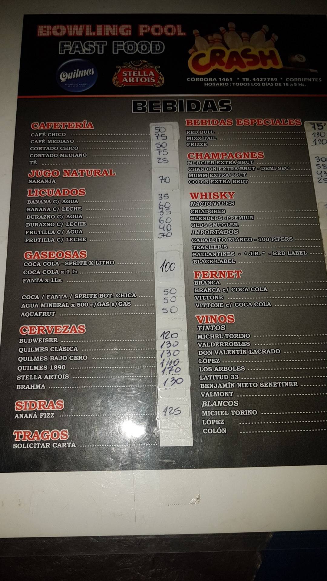 Carta de Crash Pool Bar y Fast Food, Corrientes
