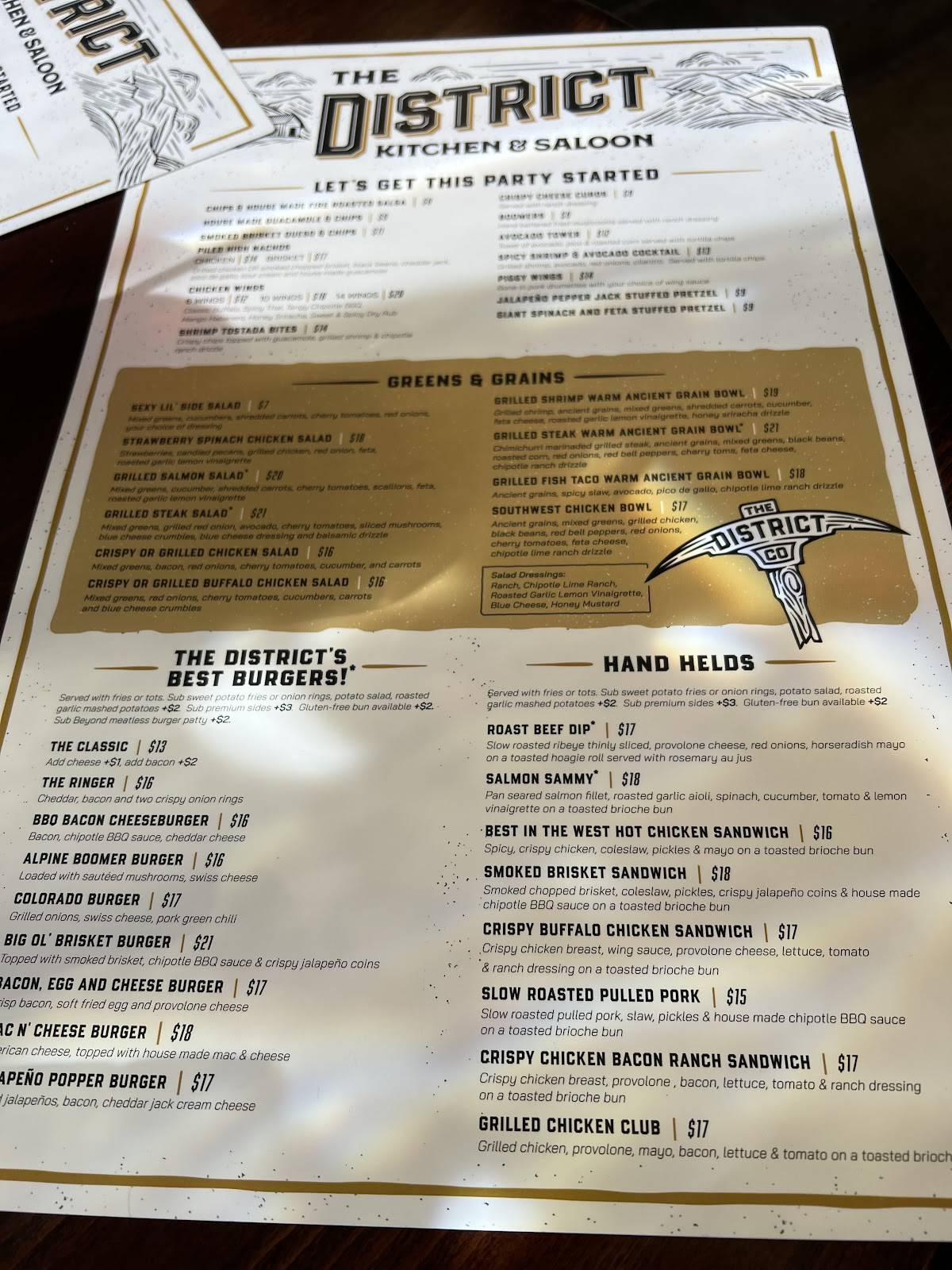 Menu at The District Kitchen & Saloon pub & bar, Cripple Creek