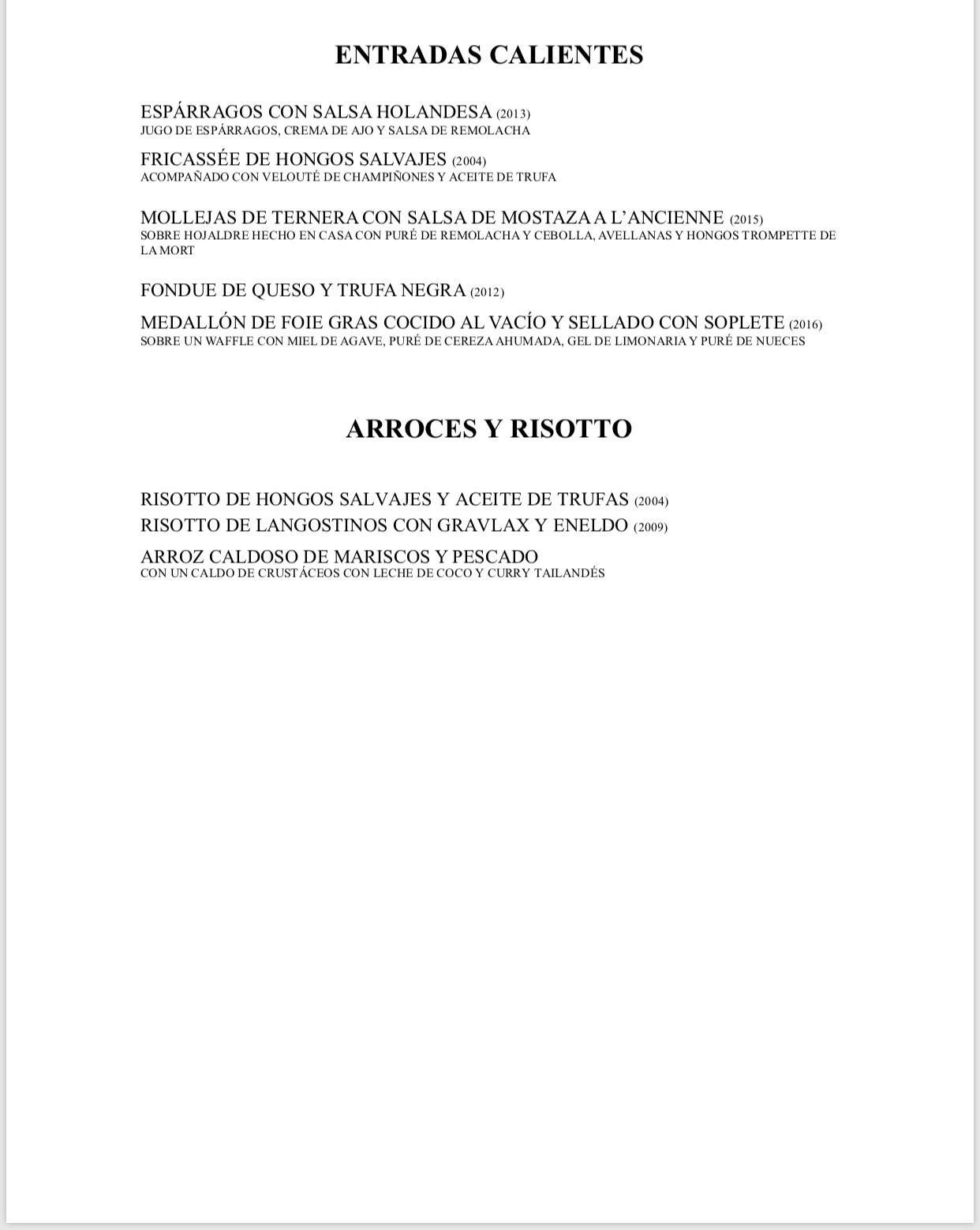Carta del restaurante Criterión, Bogotá