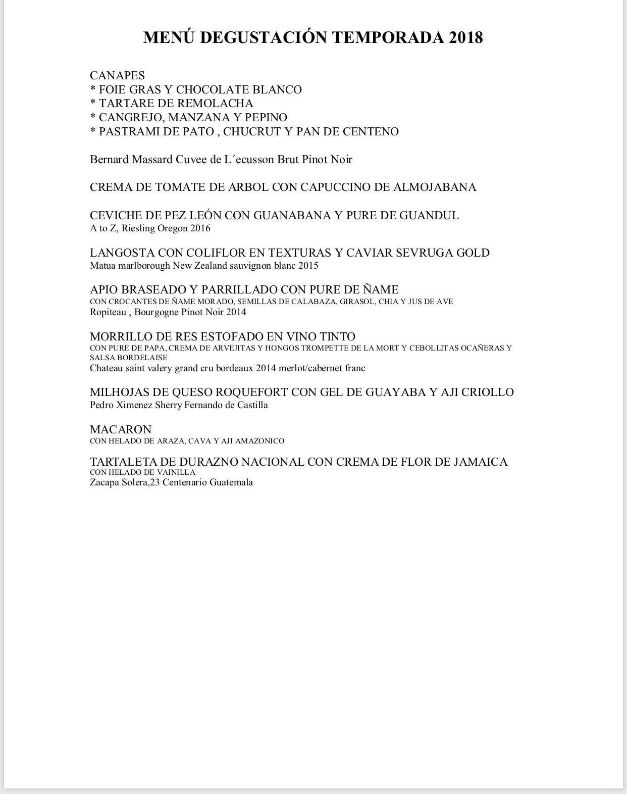 Carta del restaurante Criterión, Bogotá