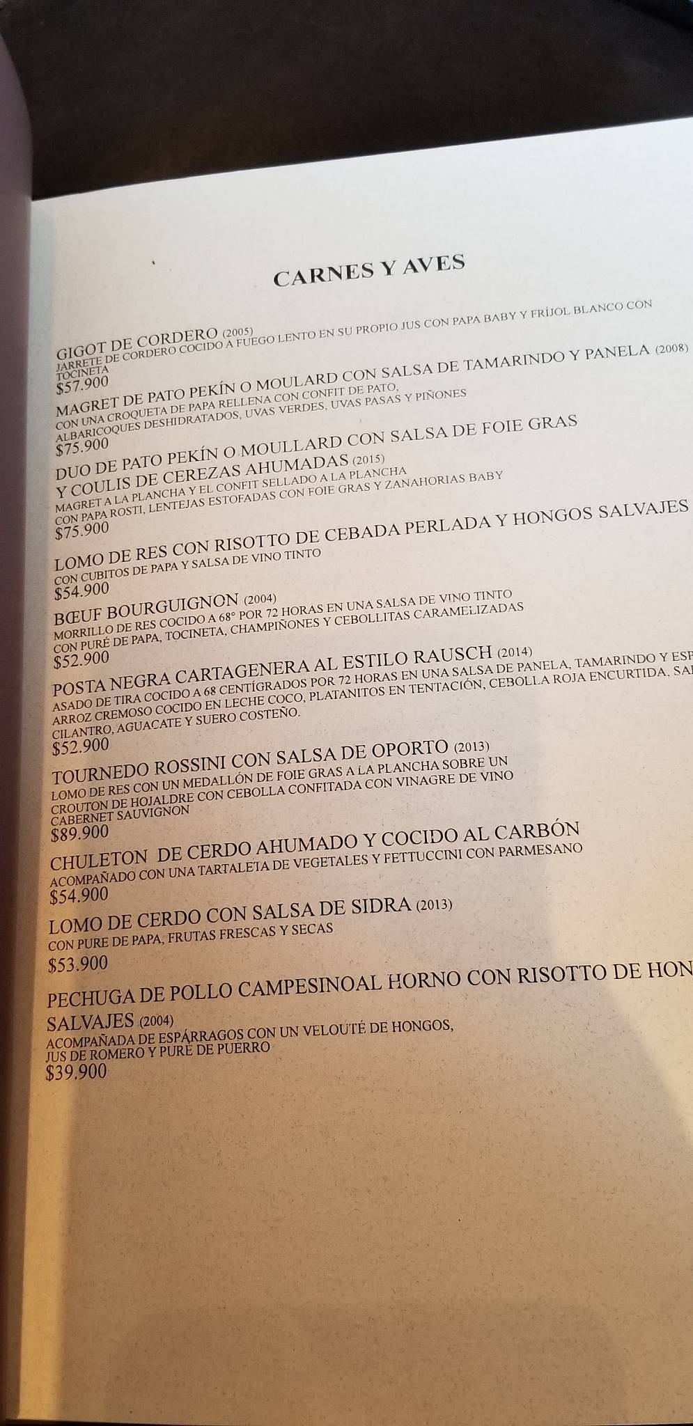 Carta del restaurante Criterión, Bogotá