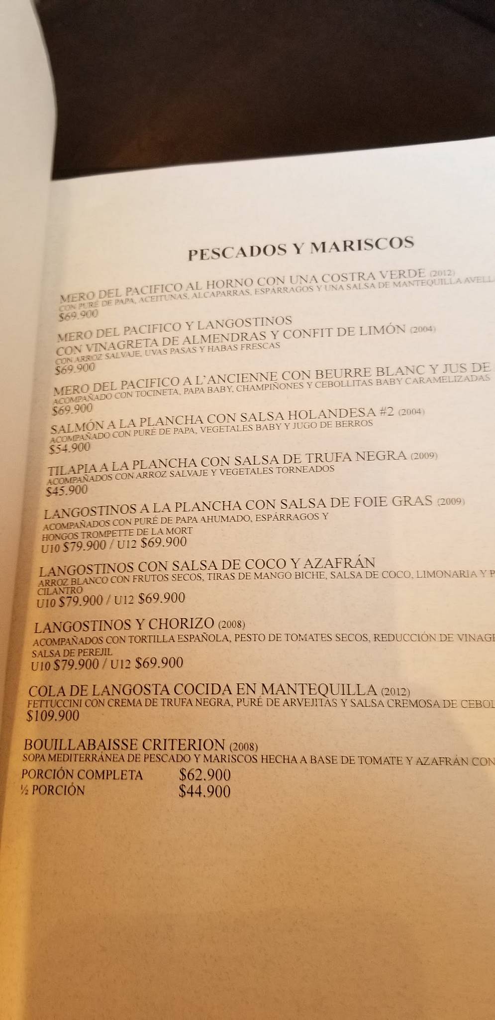 Carta del restaurante Criterión, Bogotá