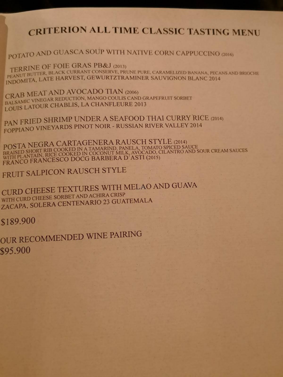 Carta del restaurante Criterión, Bogotá