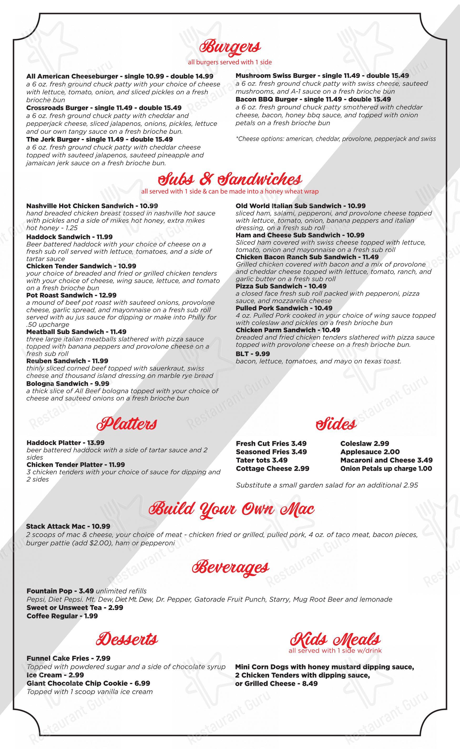 Menu at Crossroads Pub and Grub, Jacksontown