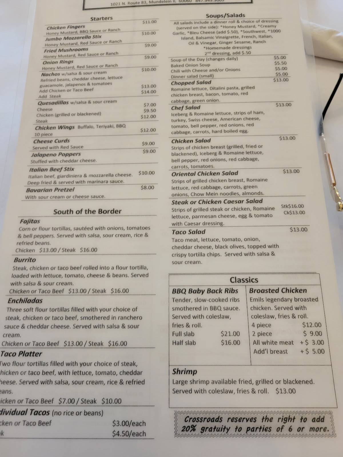 Menu at Crossroads Restaurant & Bar, Mundelein