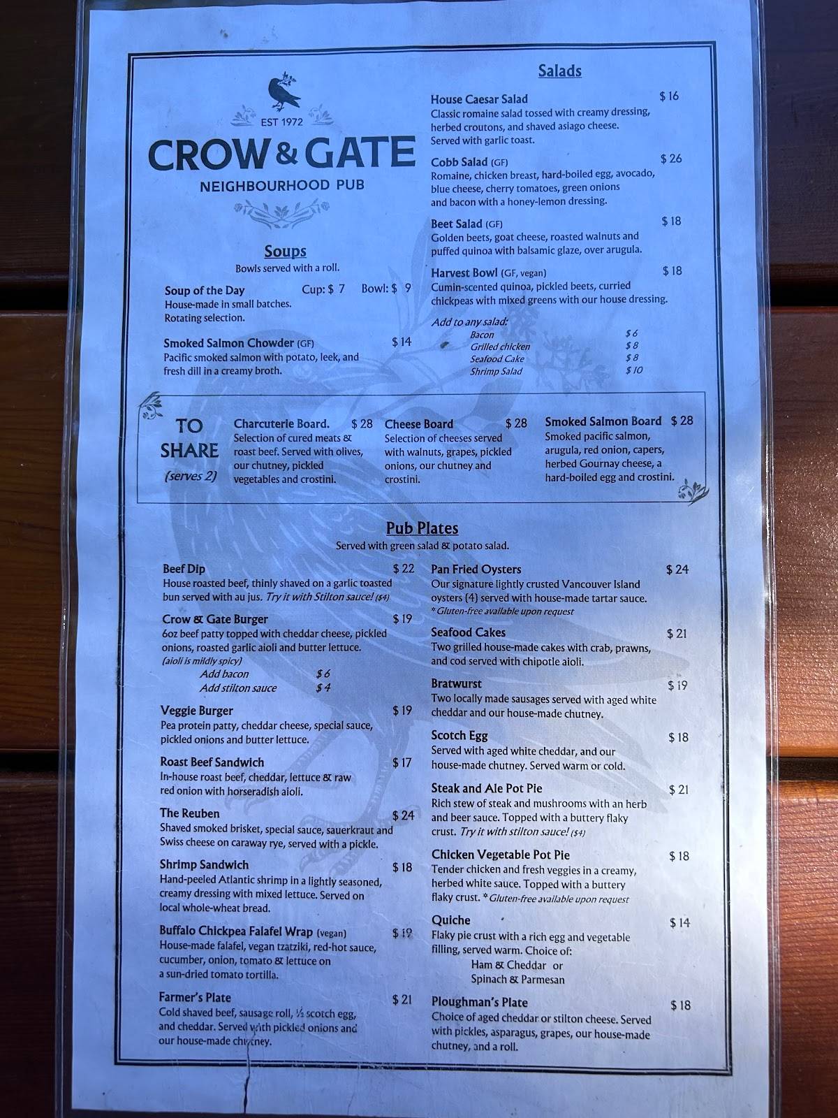 Menu at Crow & Gate Pub, Nanaimo