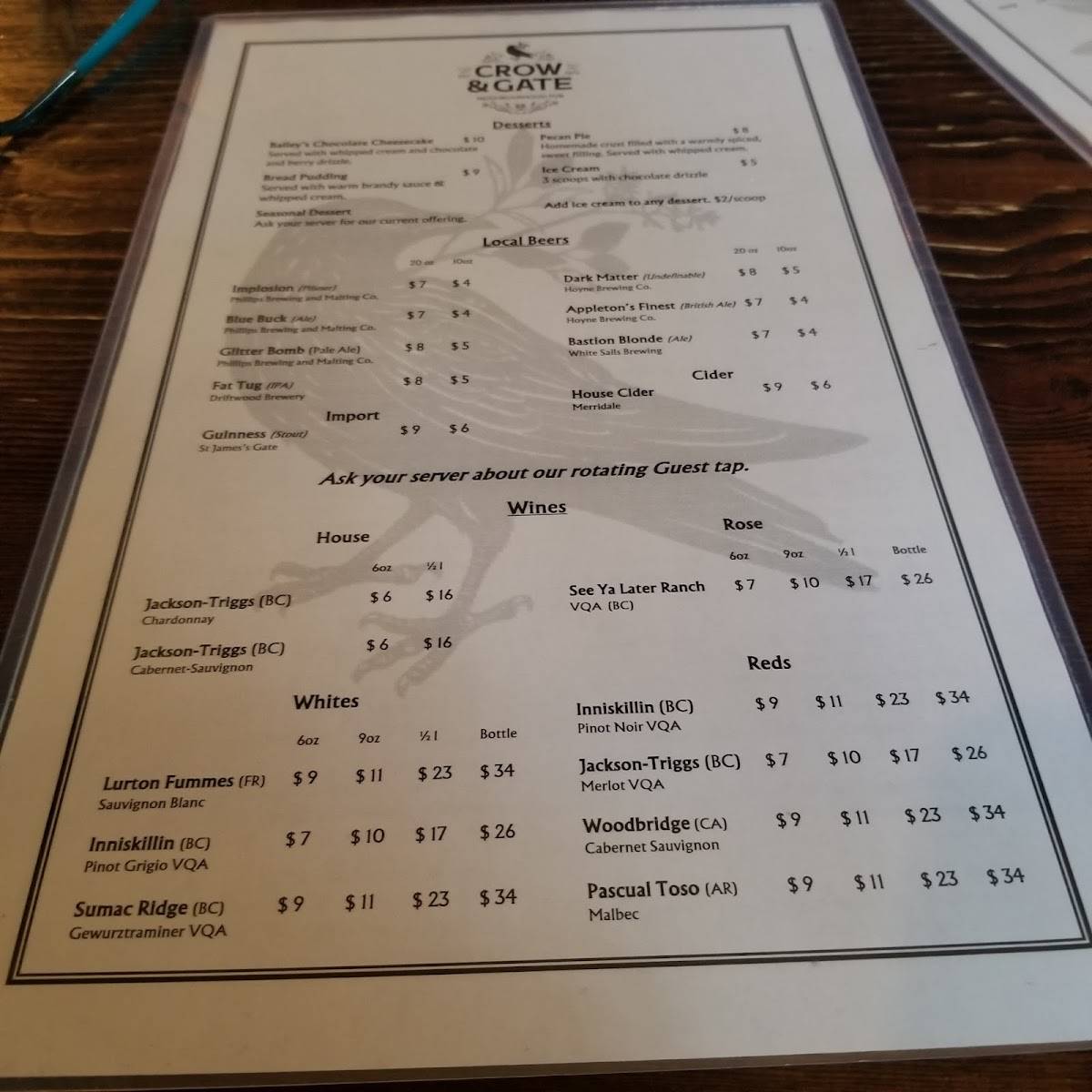 Menu at Crow & Gate Pub, Nanaimo