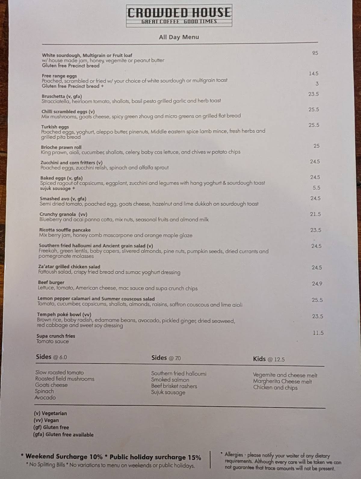Menu at Crowded House restaurant, Williamstown