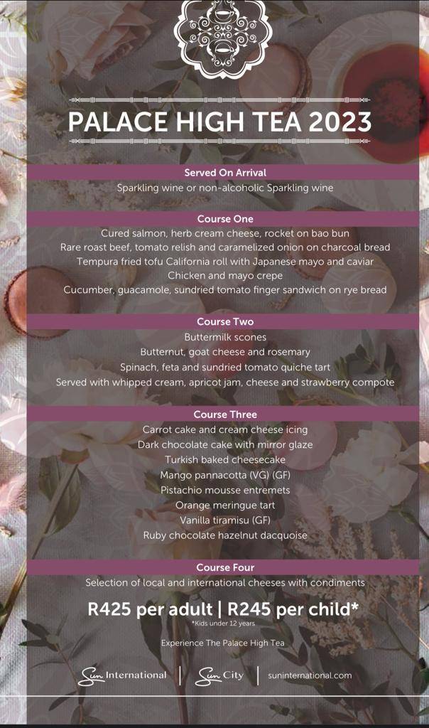 Menu at Crystal court restaurant, Sun City