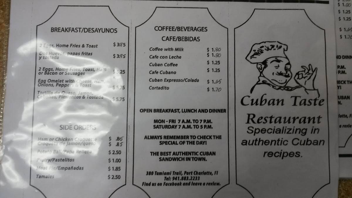 Menu at Cuban Taste Restaurant, Port Charlotte